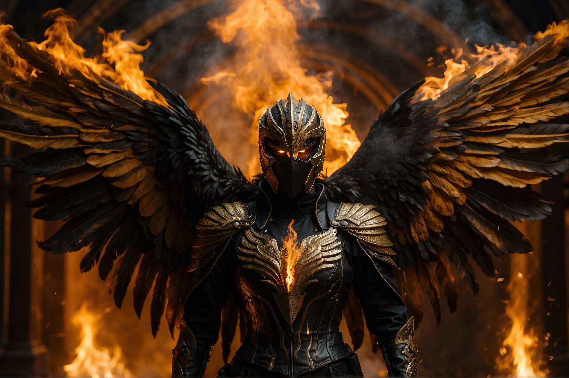 Stable Diffusion prompt: Black and gold burning big flame...