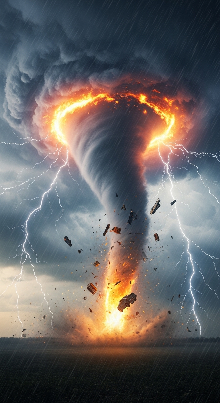 Imagen prompt: massive tornado engulfed by fire, heavy ra...