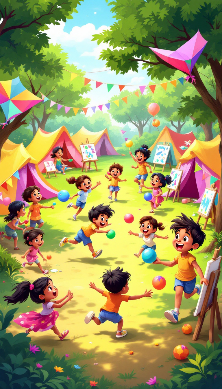 FLUX prompt: "A lively summer camp scene featuring happy ...