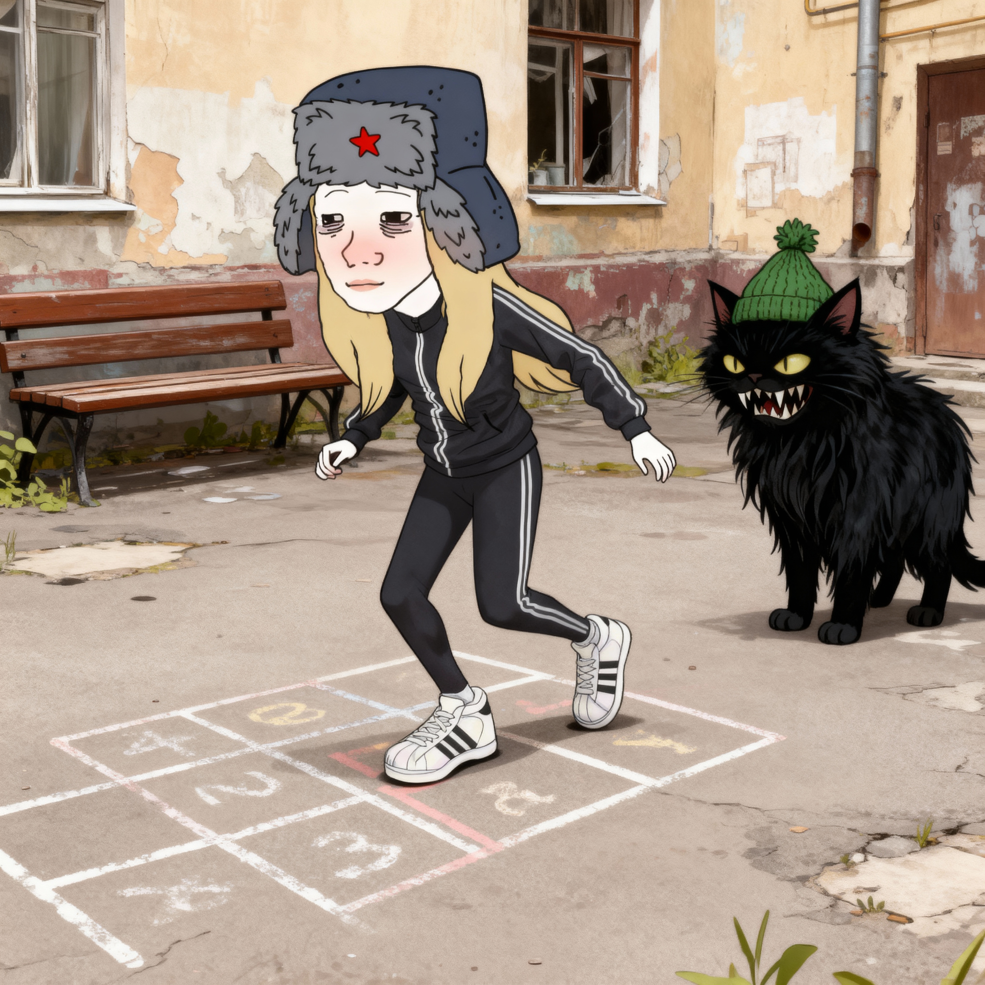 Llama 2 prompt: meme art,soviet meme,gopnik girl,hopscotc...