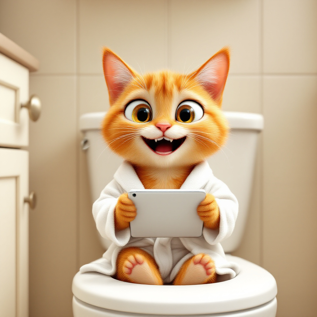 FLUX prompt: A cartoon ginger cat, seated on a white toil...