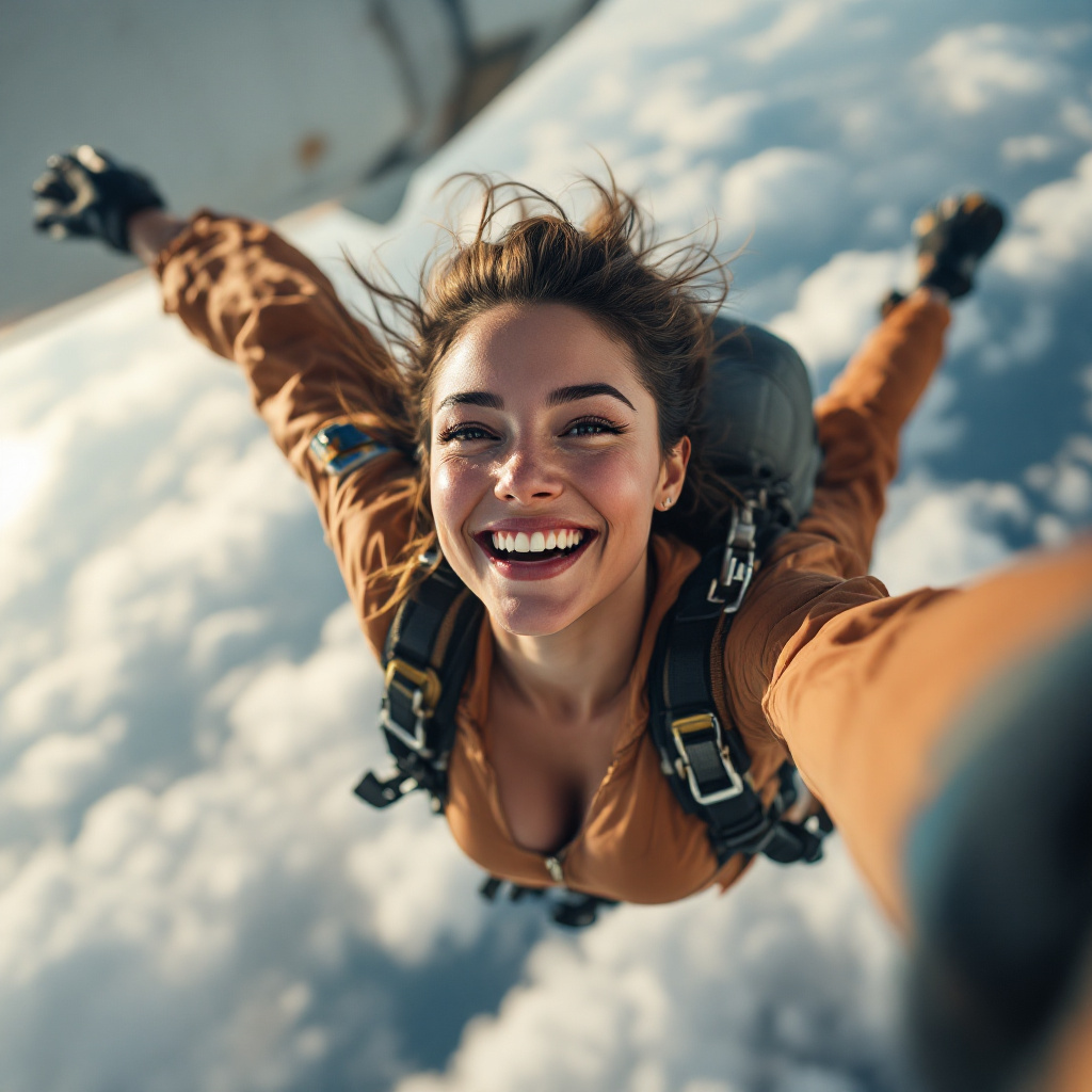 FLUX prompt: Go back female parachutist, jumping from pl...