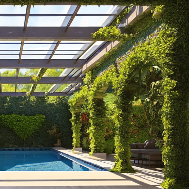 Stable Diffusion prompt: house swimming pools with lush i...