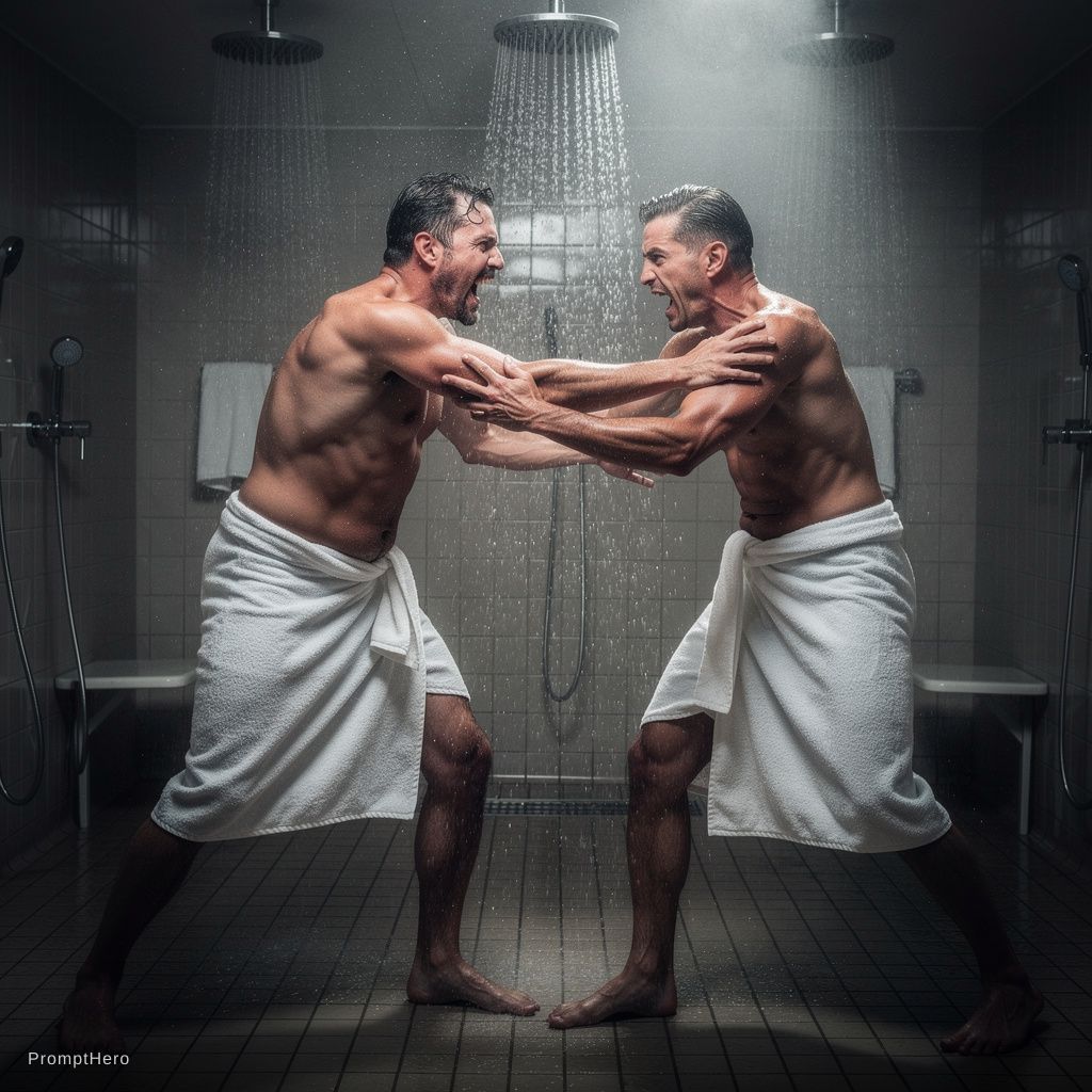 Hero prompt: 2 men fighting in the showers, flaccid penises