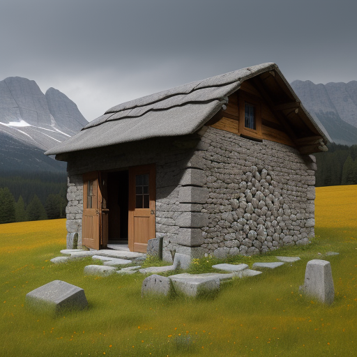 DreamShaper prompt: a windowless stone hut with a wooden ...