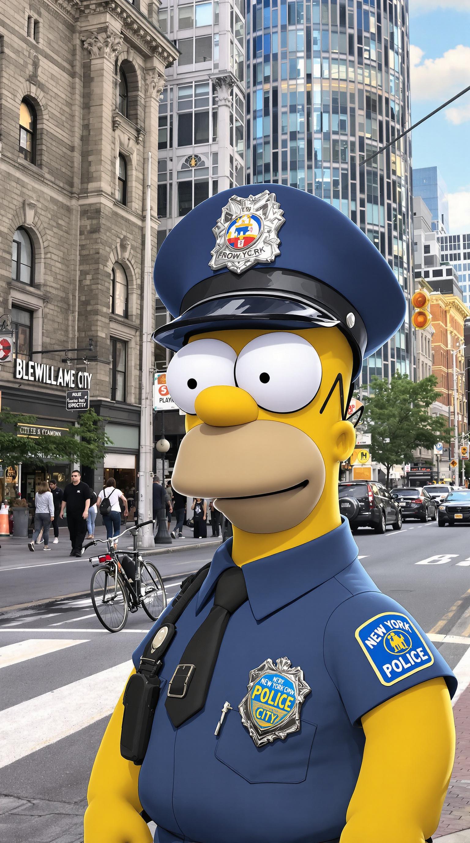 FLUX prompt: Homer Simpson wearing a New York City police...