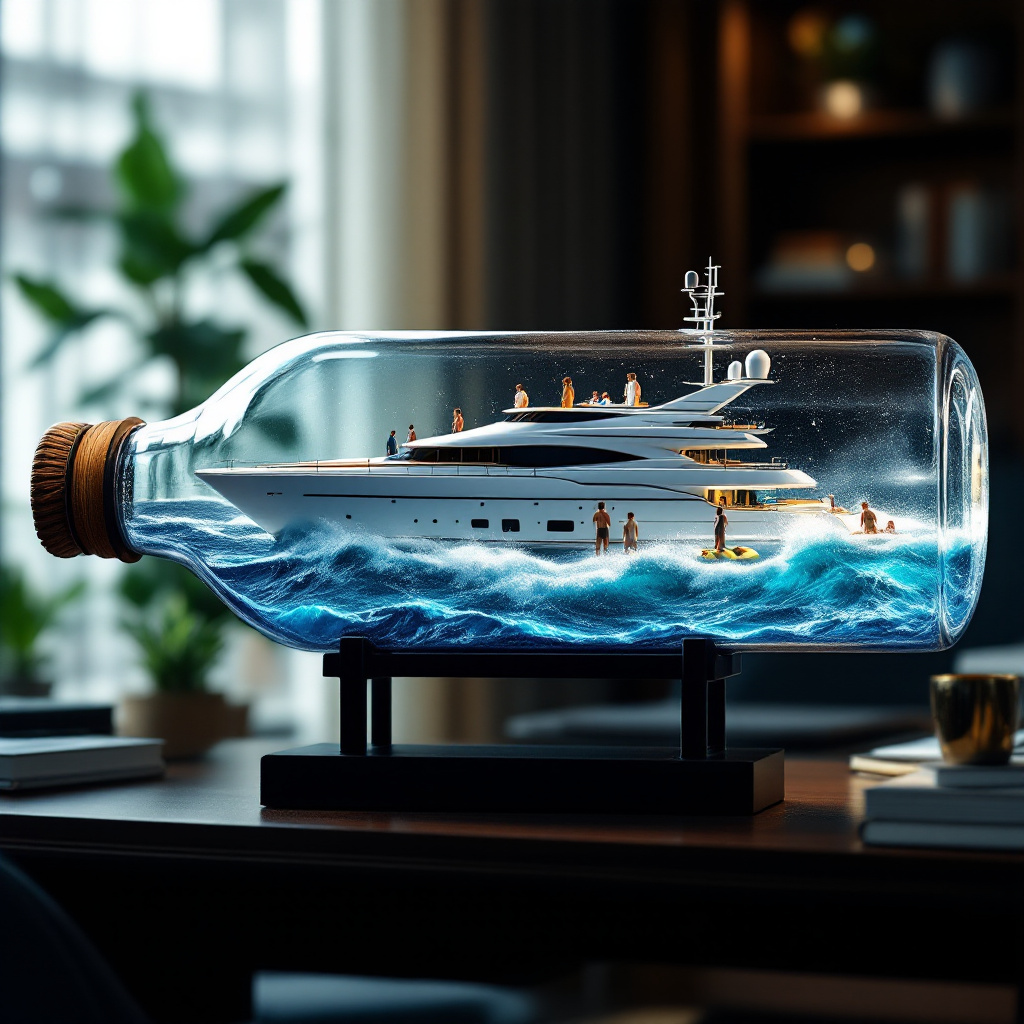 FLUX prompt: A realistic ship in a bottle, featuring a lu...