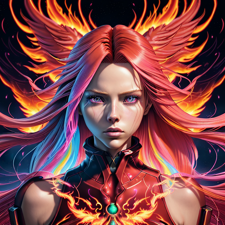 DreamShaper prompt: female retrowave phoenix humanoid fem...