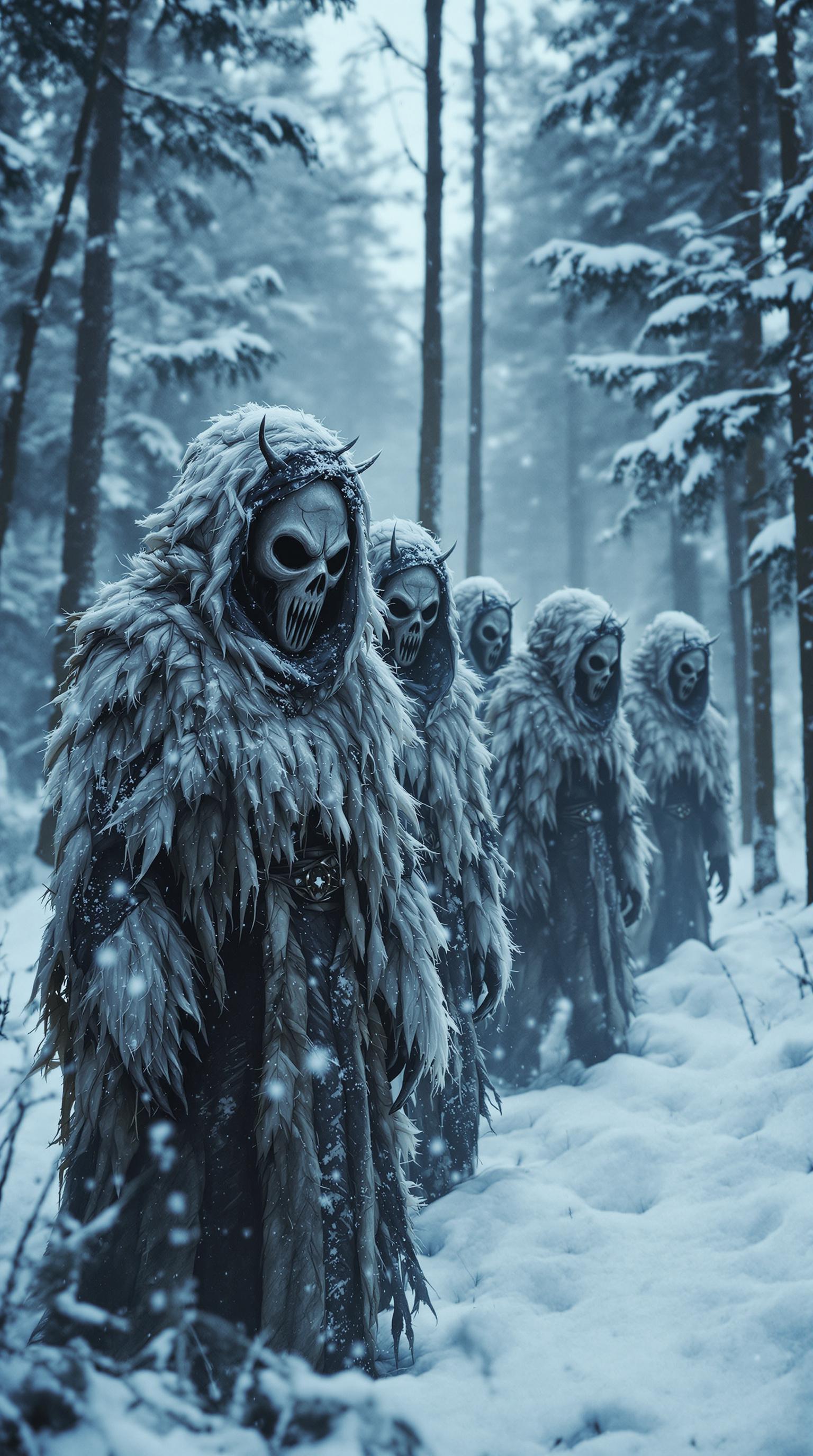 FLUX prompt: A haunting scene in a snowy forest during wi...