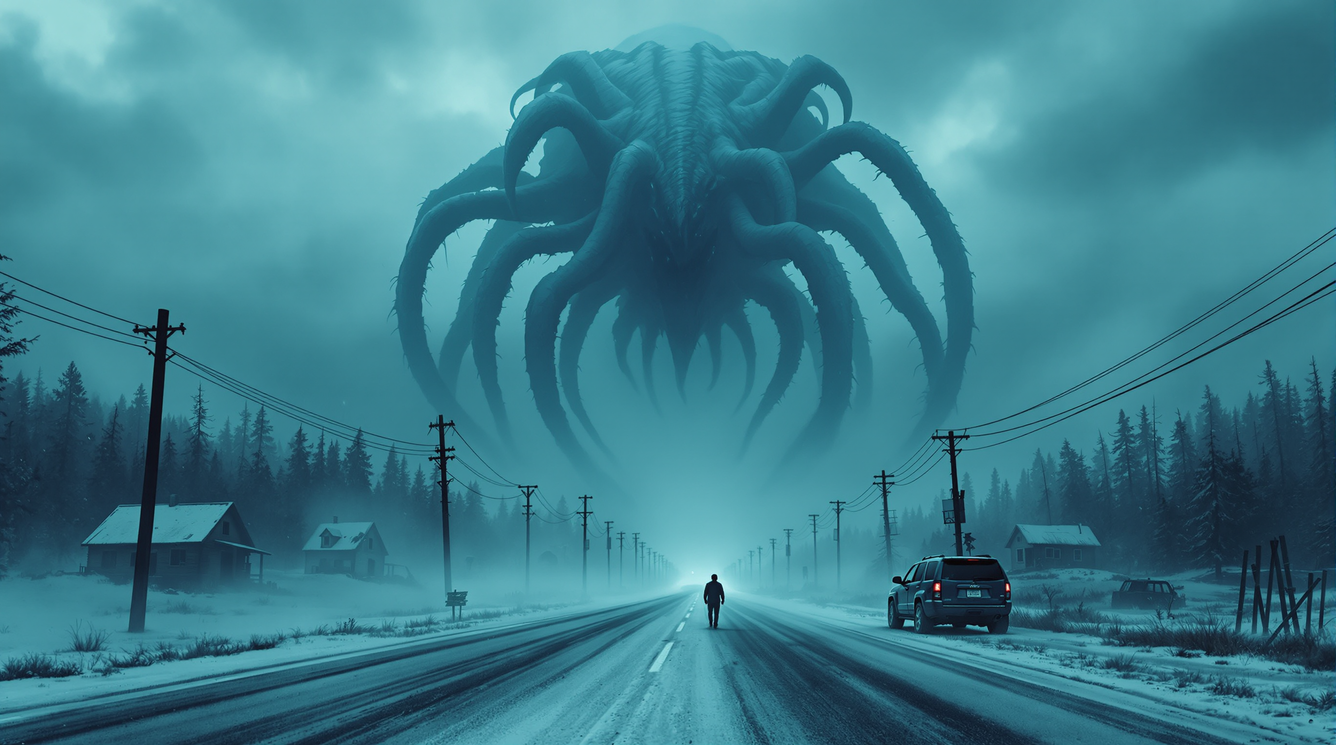 FLUX prompt: A colossal eldritch creature towers over a d...