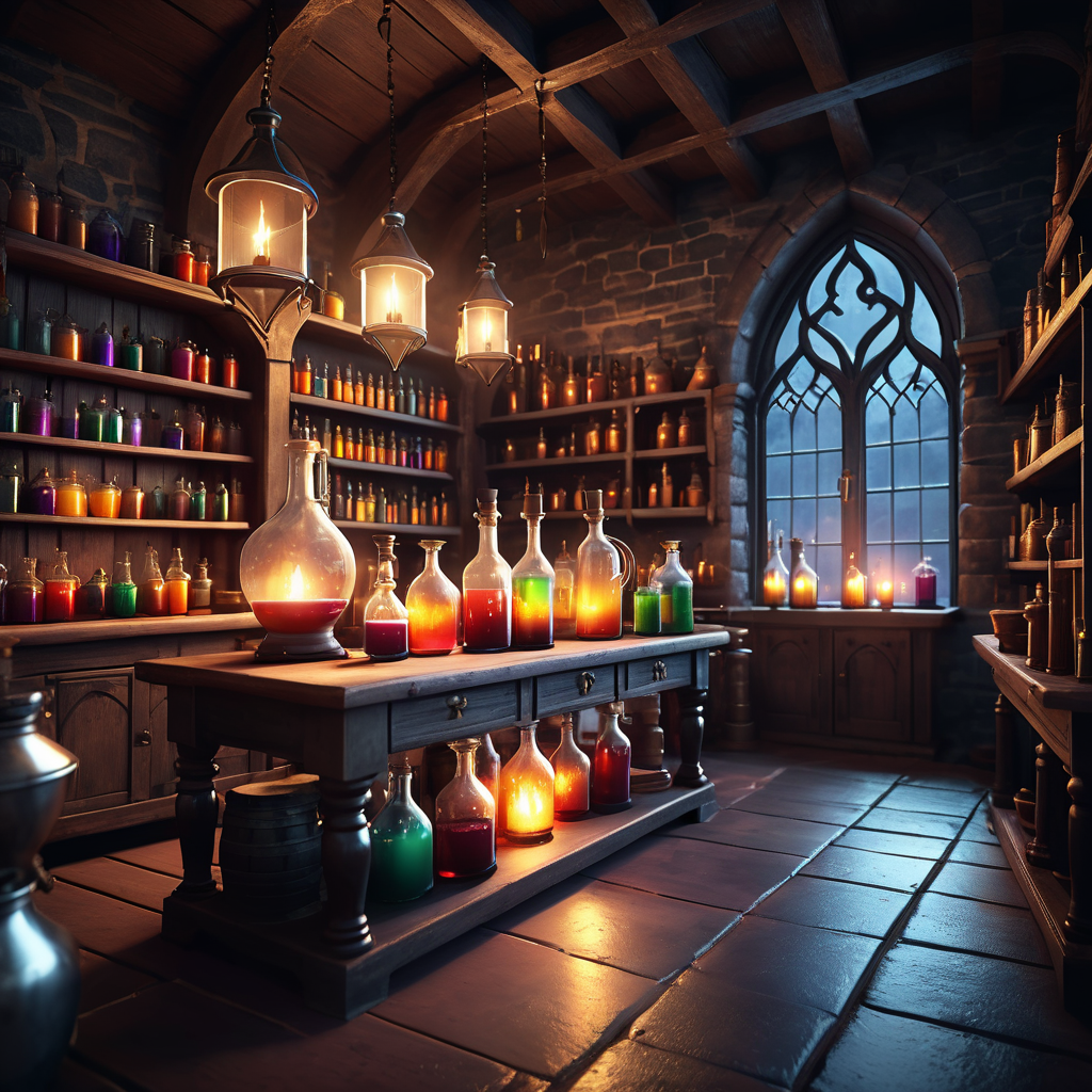 Stable Diffusion prompt: "inside of wizard's Alchemist Wo...