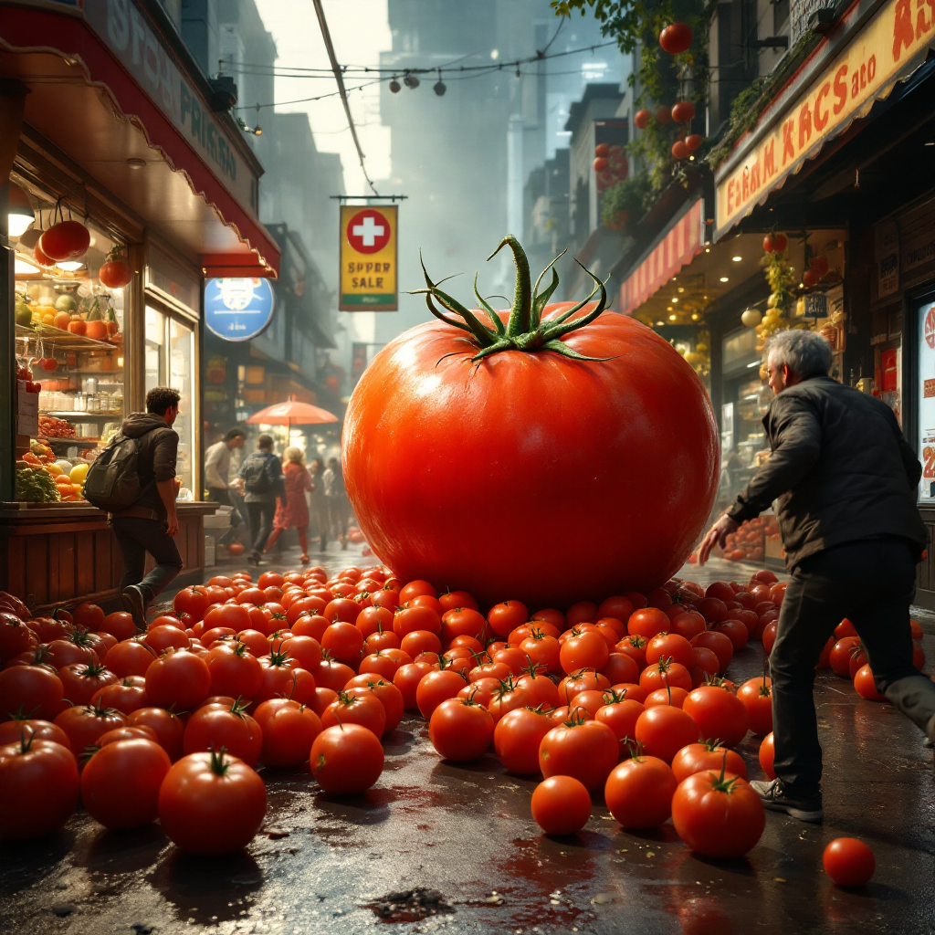 FLUX prompt: a giant tomato on the ground chasing after p...