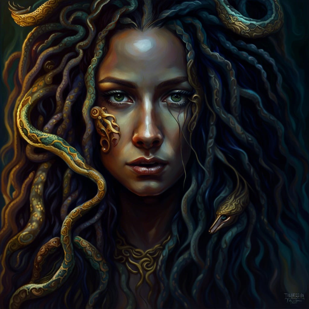 Stable Diffusion prompt: medusa (greek) with snakes as dr...