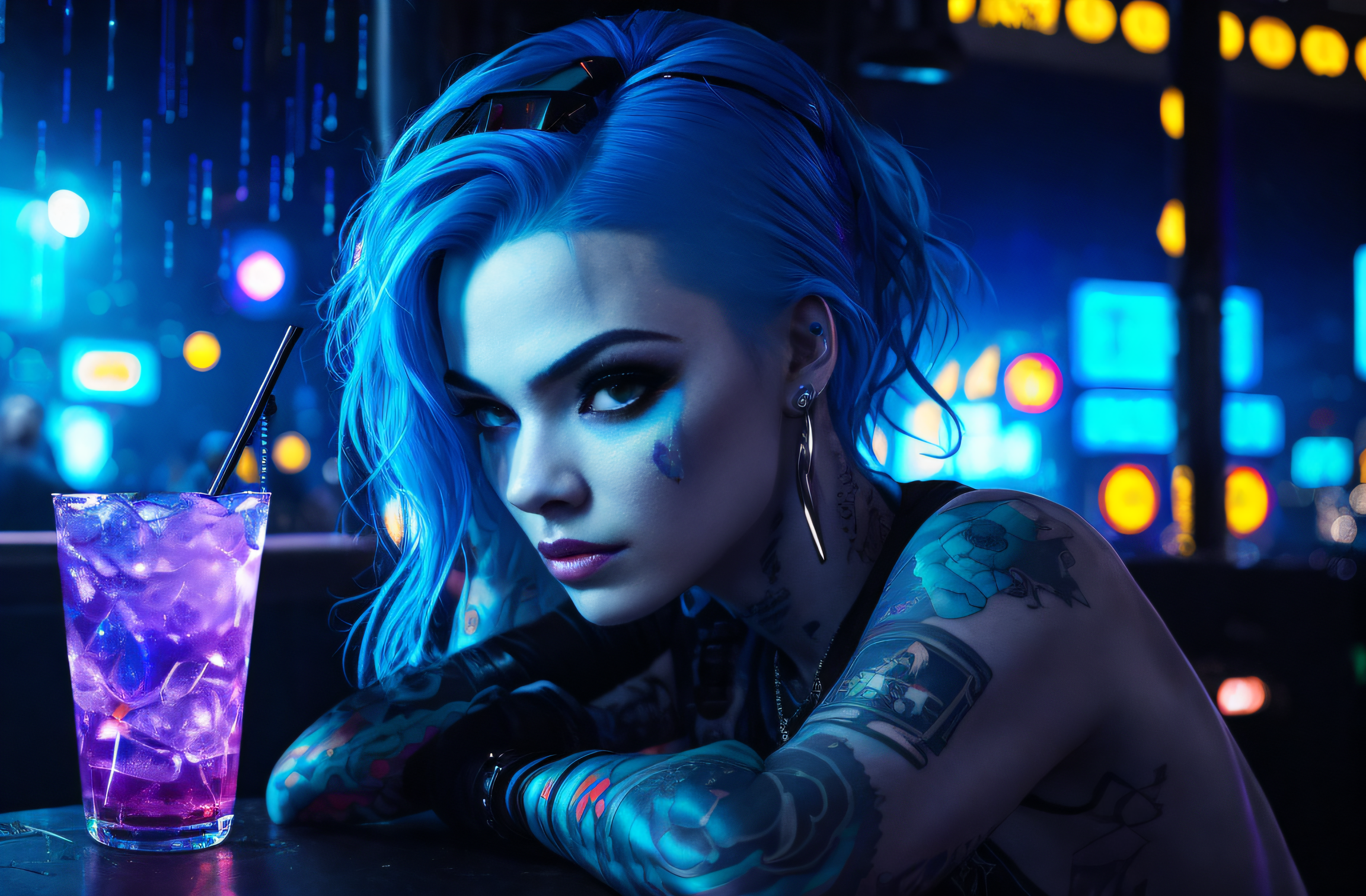 Protogen prompt: arafed woman with blue hair and tattoos ...
