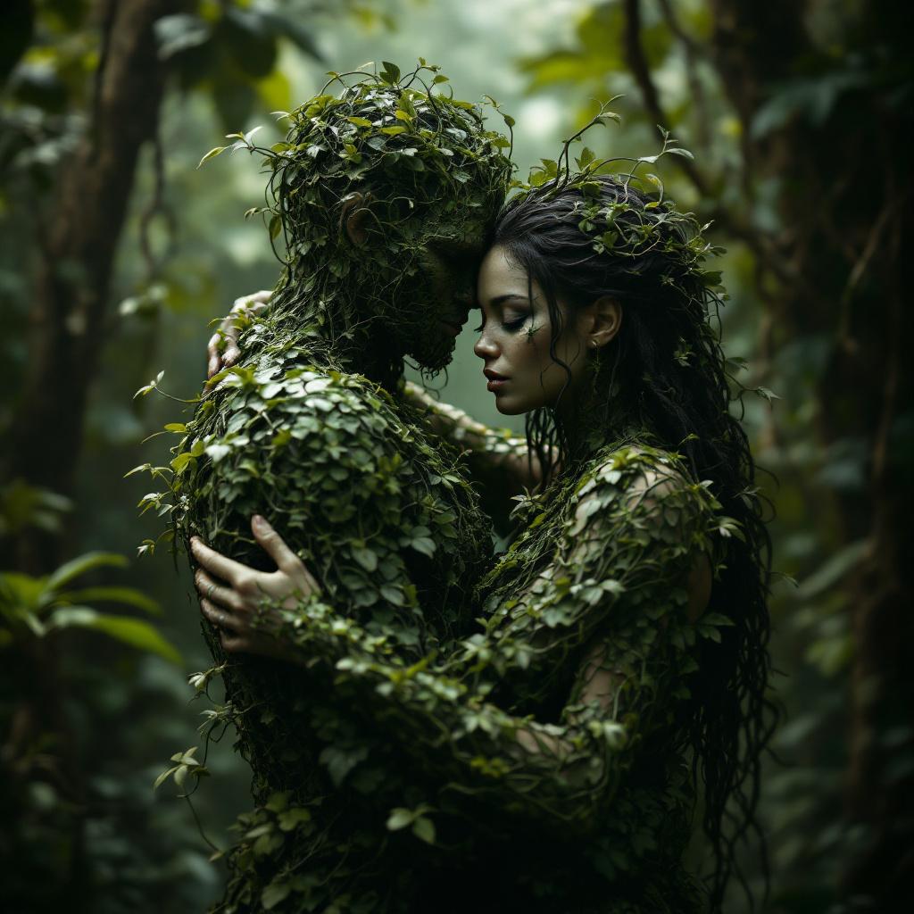 FLUX prompt: two people hugging each other in the jungle,...