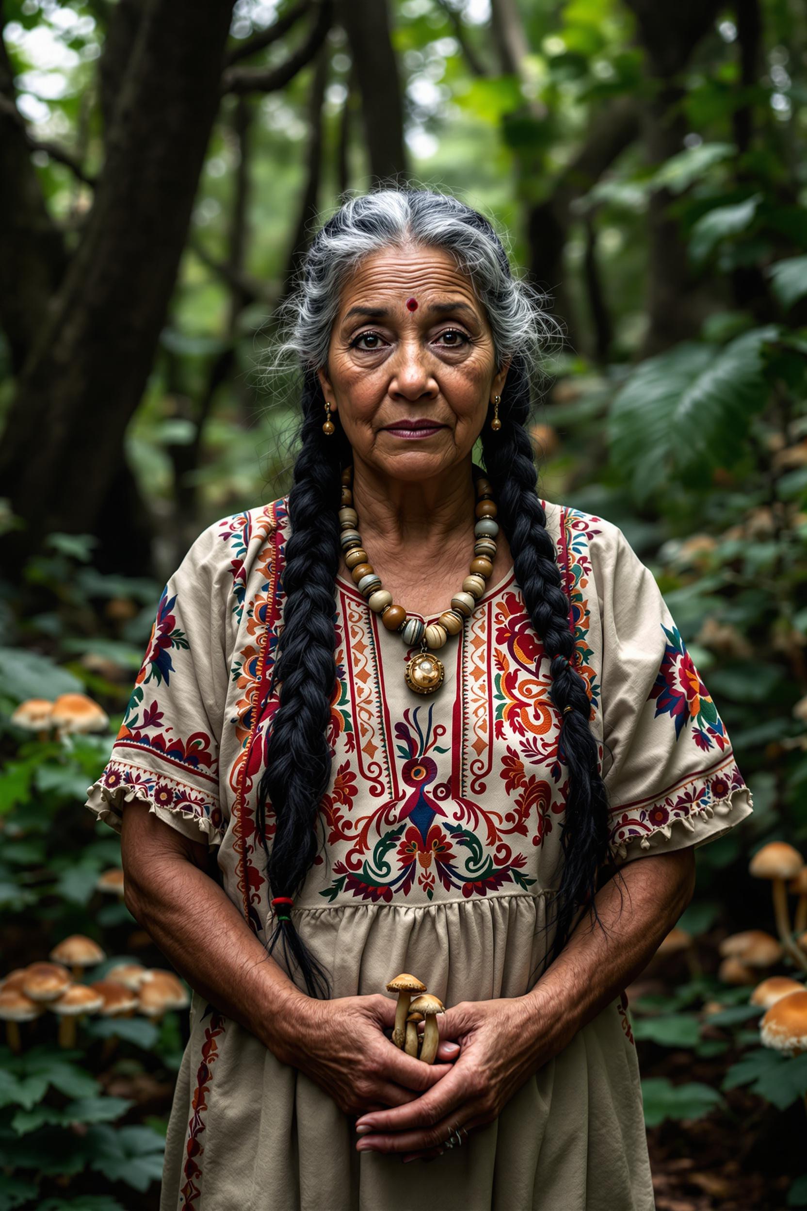 FLUX prompt: Maria Sabina is depicted with a serene, wise...