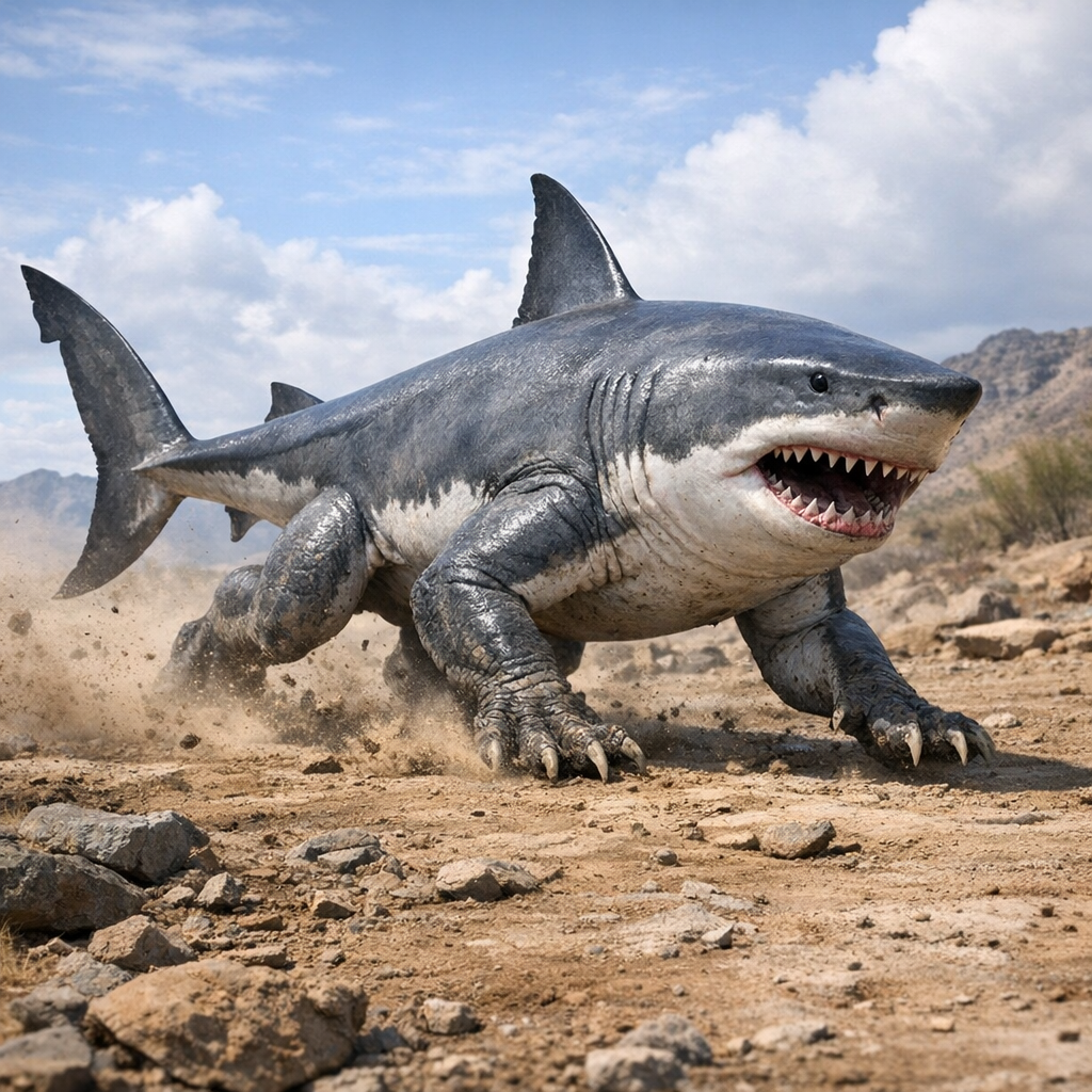 ChatGPT Image prompt: un tiburon que puede andar por la t...