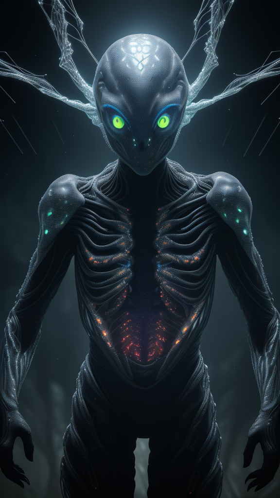 DreamShaper prompt: Ultra 16k Complex Hybrid Alien, glowi...