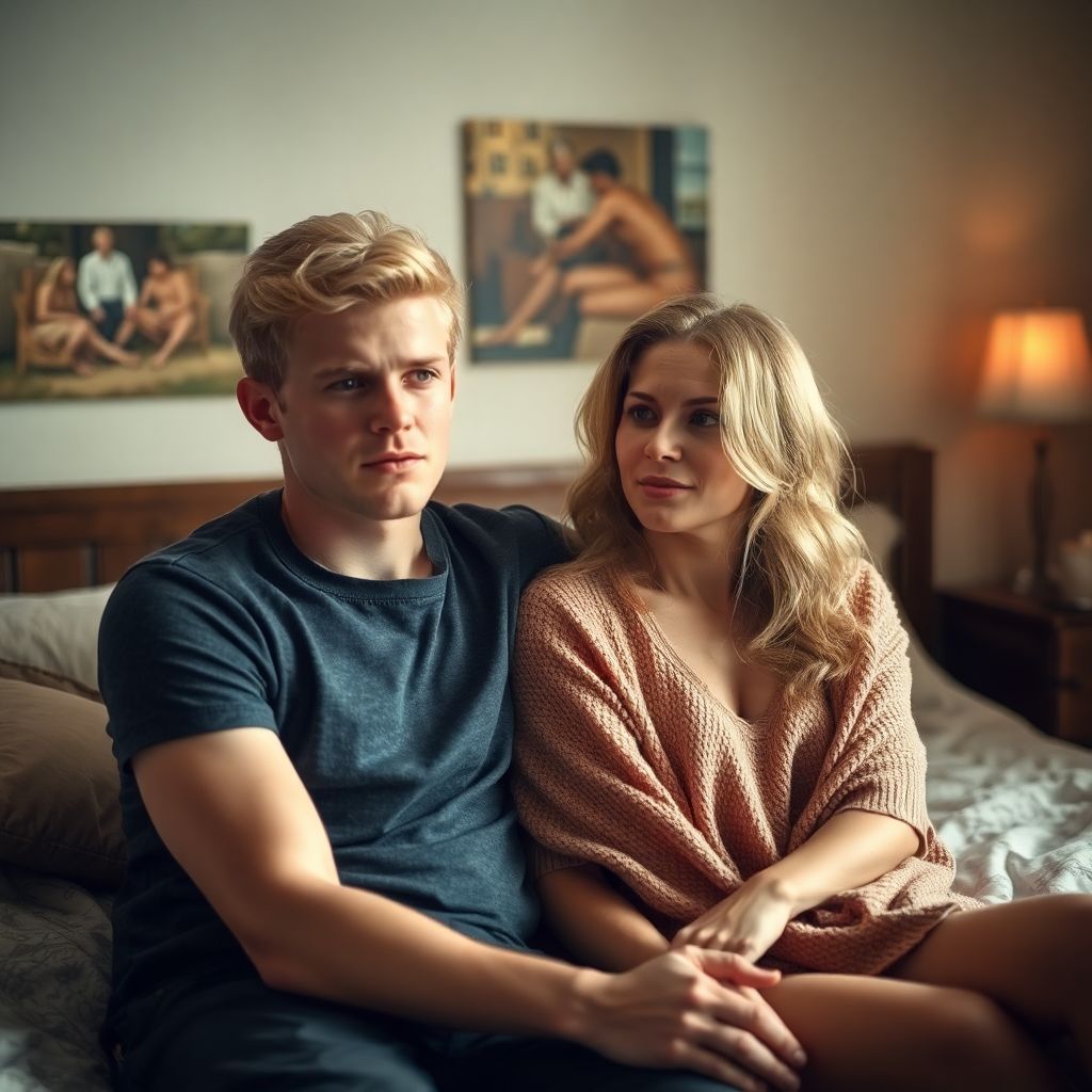FLUX prompt: 25 years old man with blonde hair sitting wi...