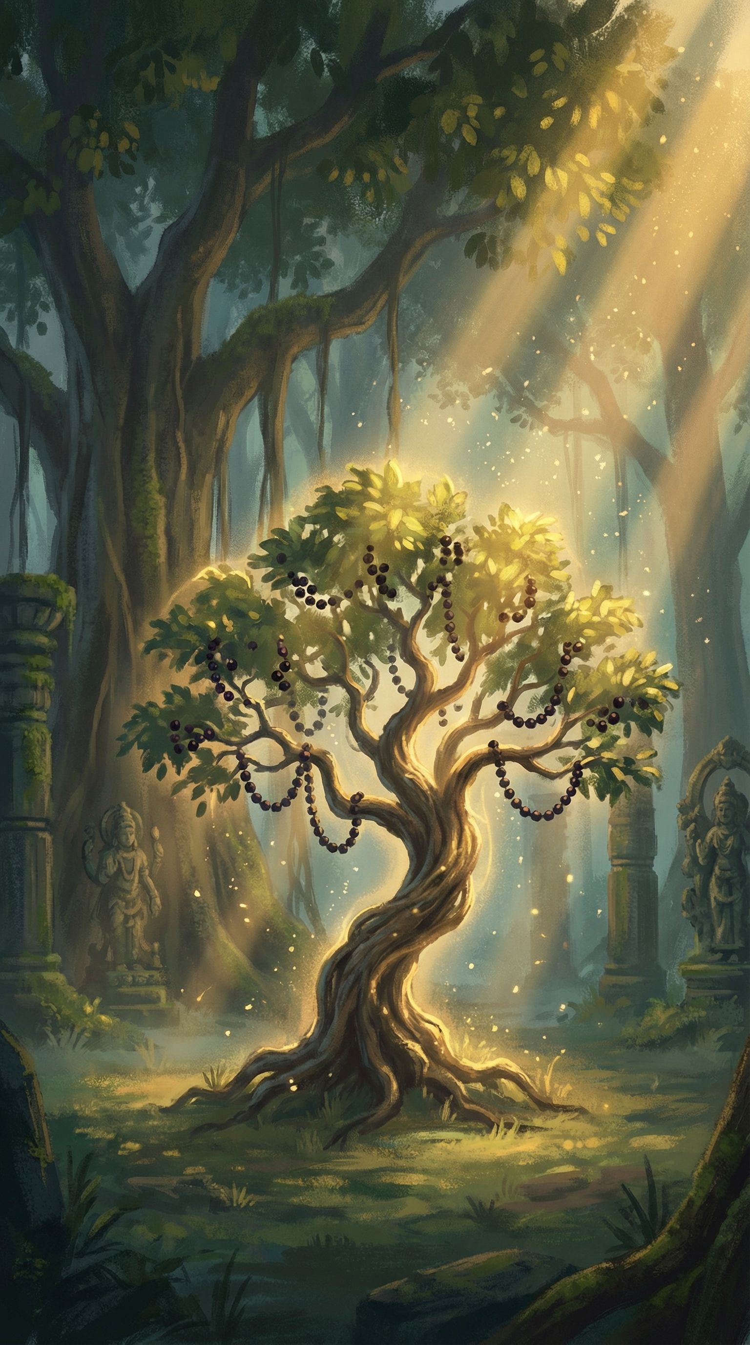 Nano Banana prompt: A sacred rudraksha tree glowing softl...