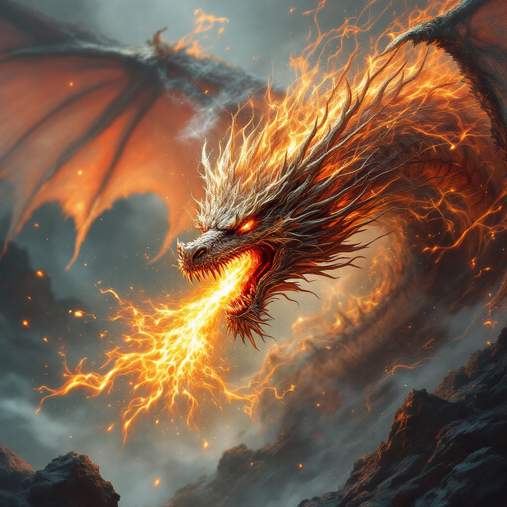 FLUX prompt: hyper realistic dragon spitting fire , mys...
