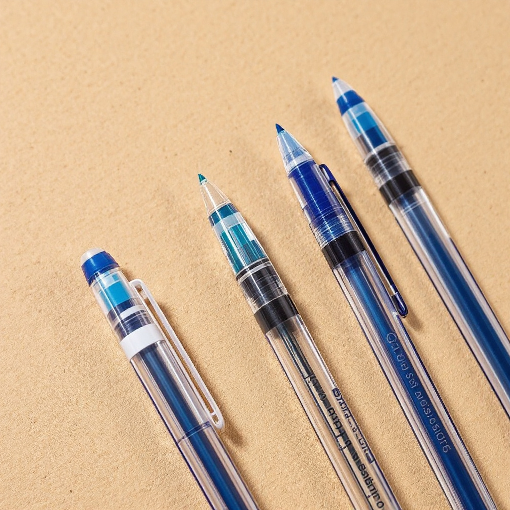 FLUX prompt: draw ONLY blue gel pens 5pcs of office space...