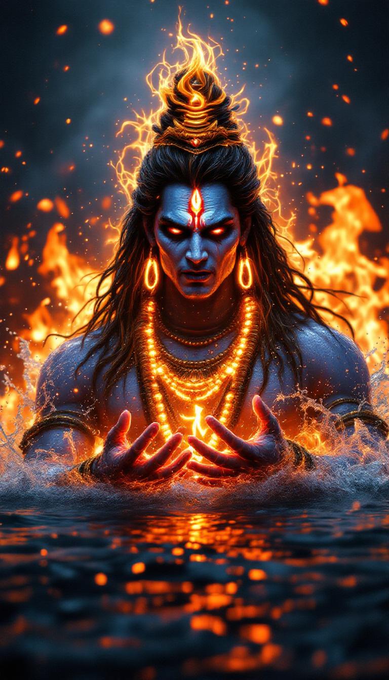 FLUX prompt: POWERFUL scary look Lord Shiva made of water...