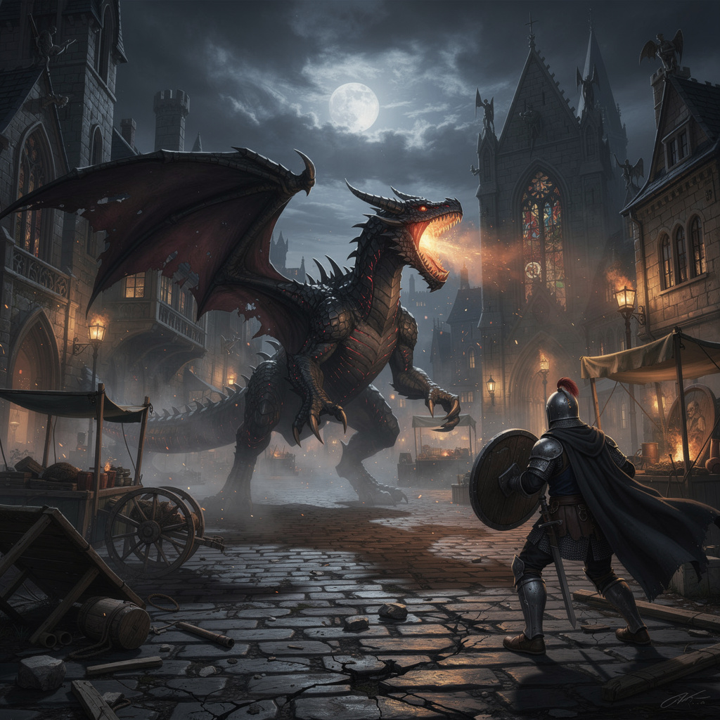 FLUX prompt: Gothic Dragon with wings stands in the town ...