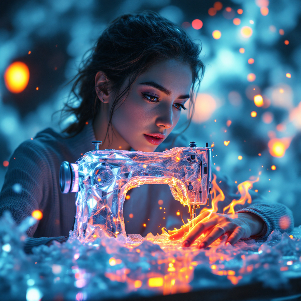 FLUX prompt: a single woman with sewing machine made of Fire an...