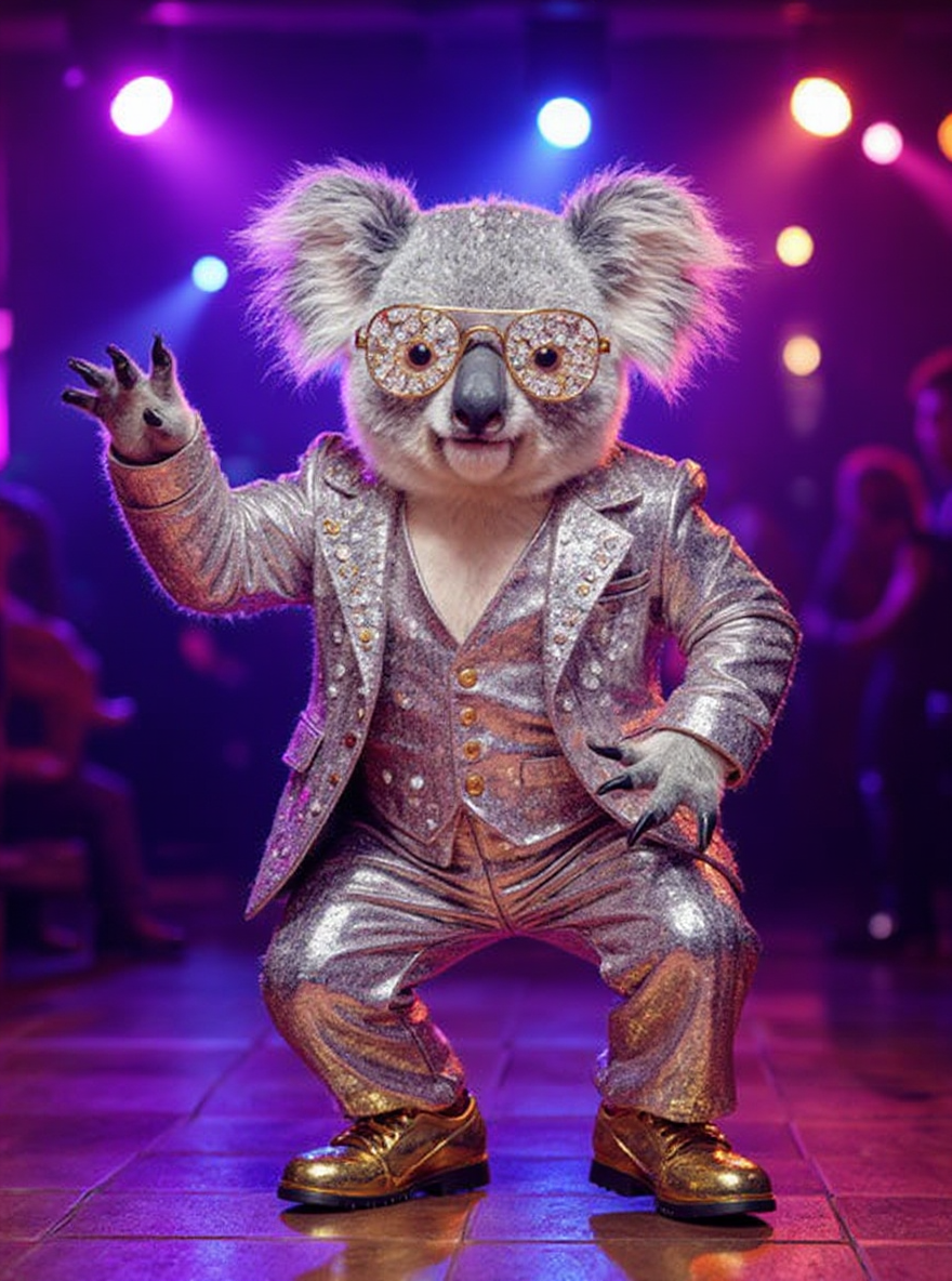 FLUX prompt: Tap dancing flat out Australian Kola Bear co...