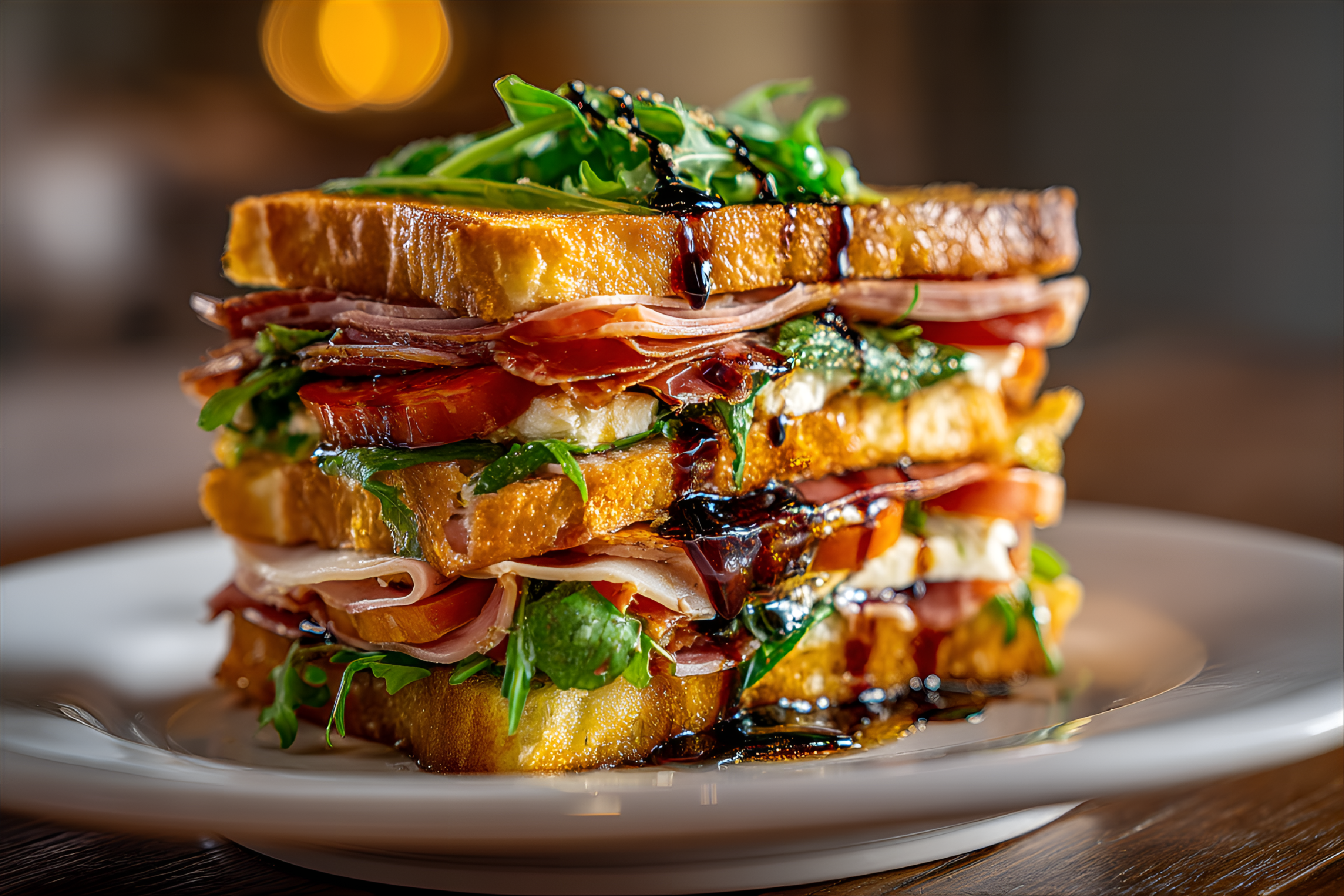 Midjourney prompt: towering stack of layered sandwiches t...