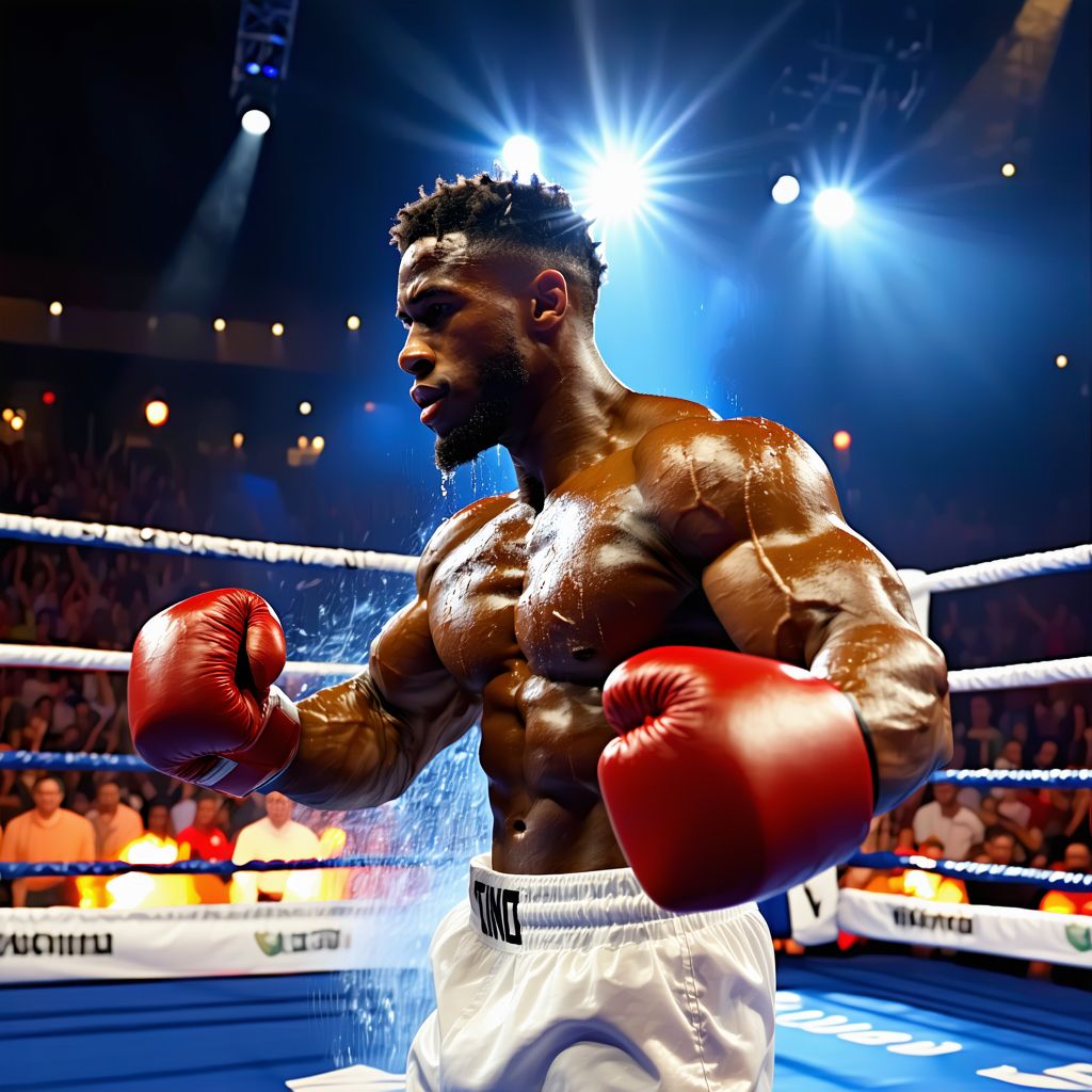 Stable Diffusion prompt: A muscular boxer in the ring fle...