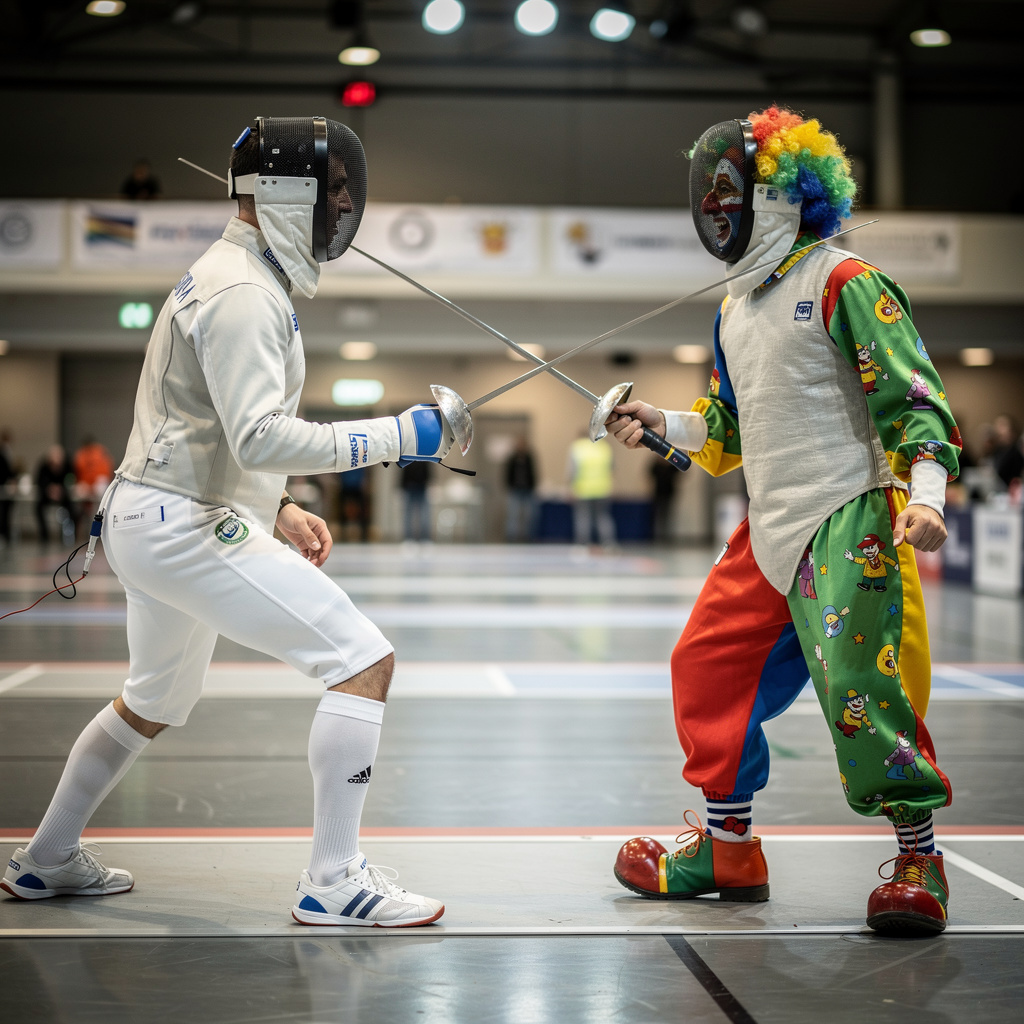 FLUX prompt: a fencing match taking place on floor mats.
