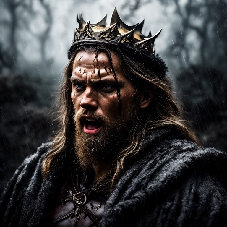 Deliberate prompt: mj, closeup of a brutal Viking King em...