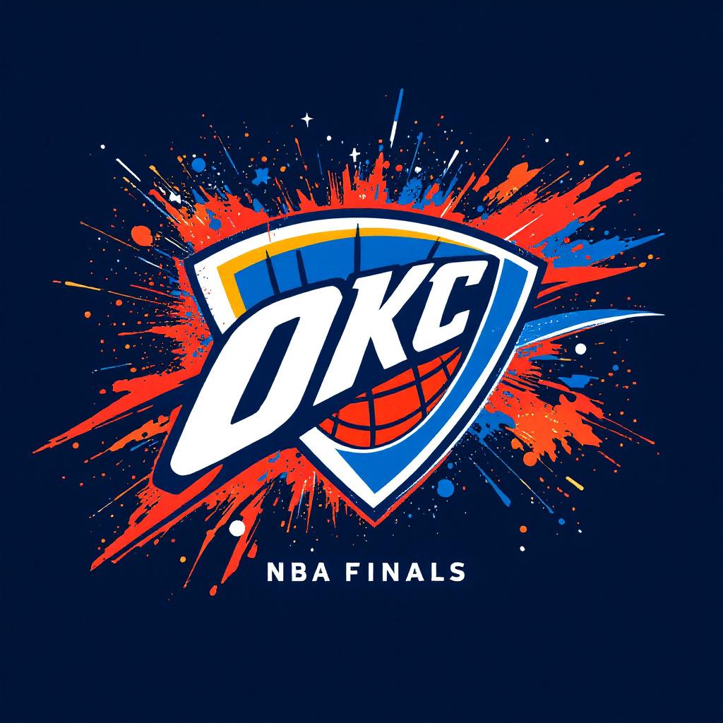 FLUX prompt: OKC Thunder Logo Explosion with "NBA FINALS"...