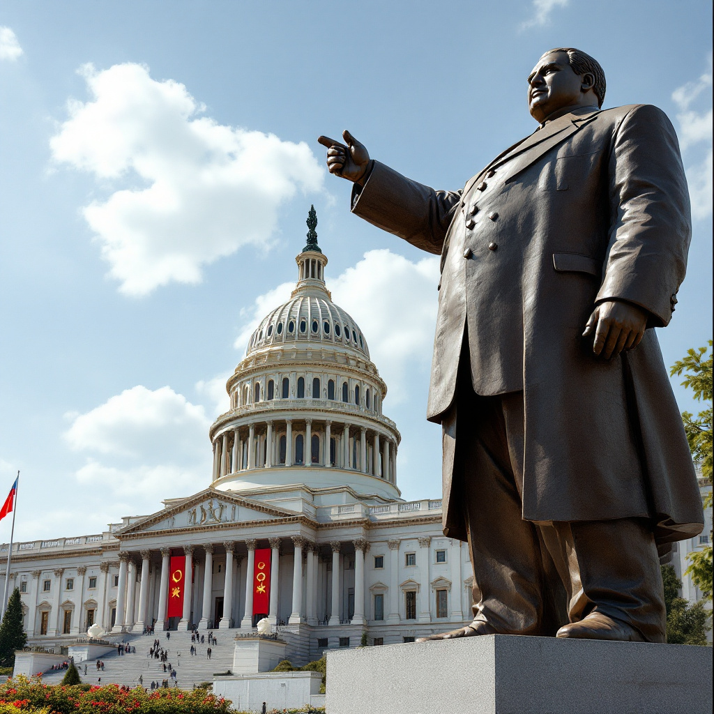 FLUX prompt: A large communist statue in front of the cap...