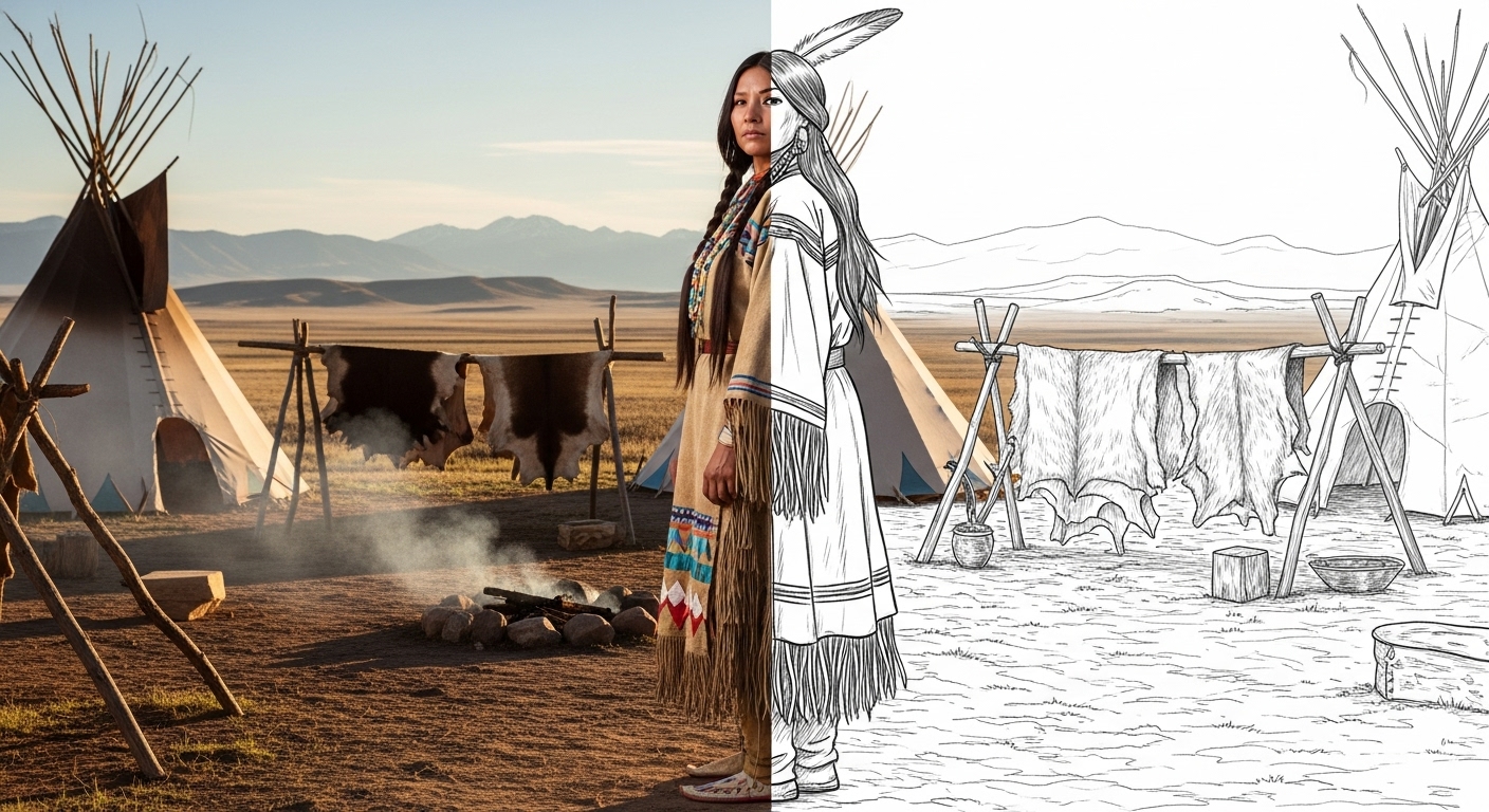Google Imagen prompt: A half draw of a real native americ...