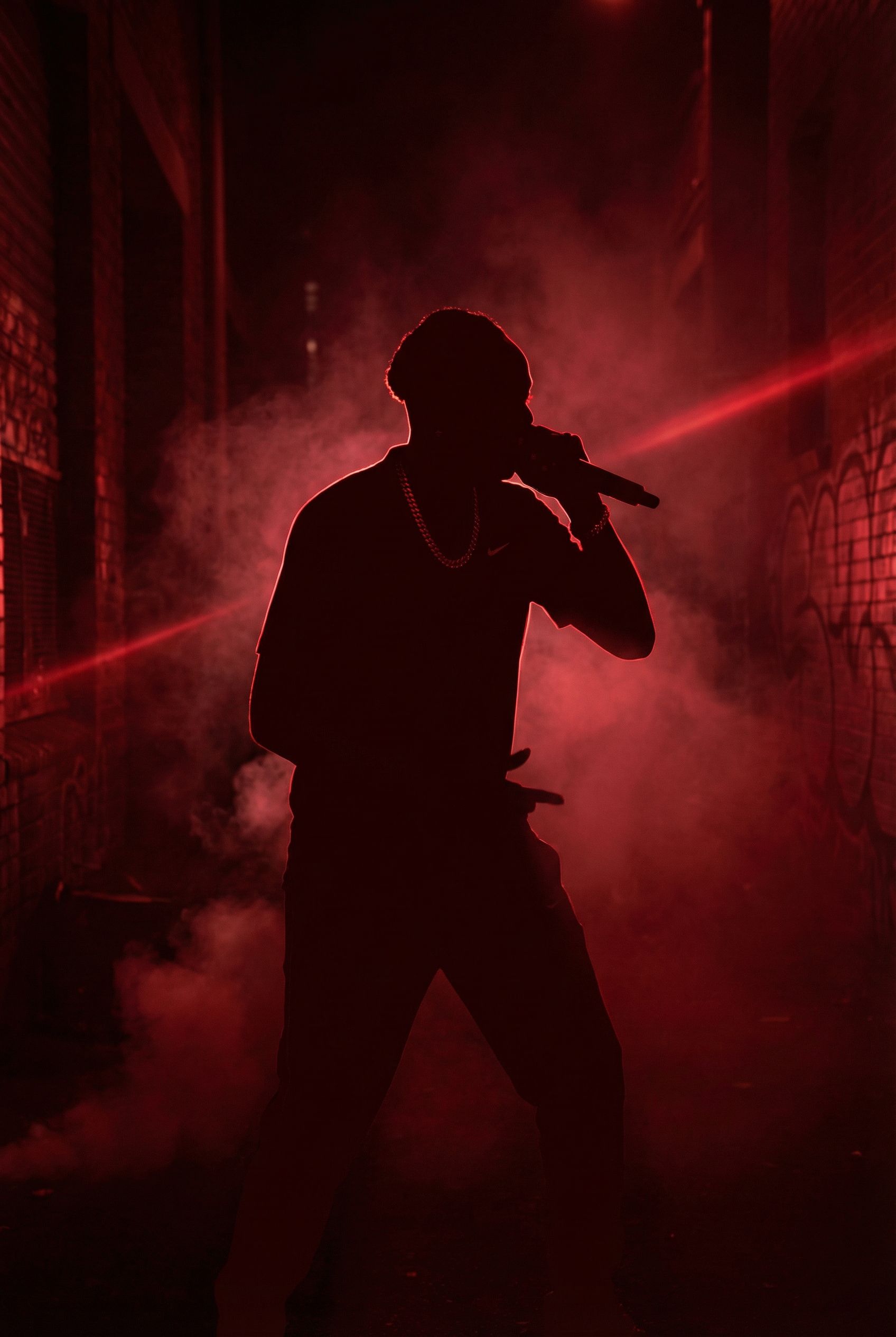Nano Banana prompt: A dark red silhouette scene for rap m...