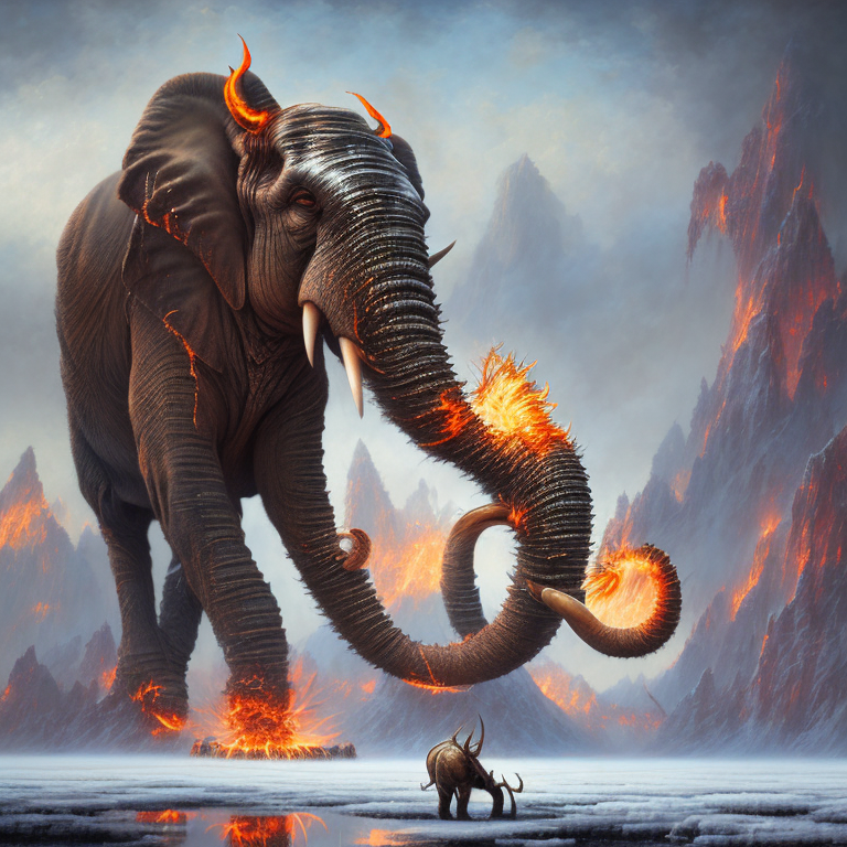 Openjourney prompt: a flaming demonic elephant with massi...