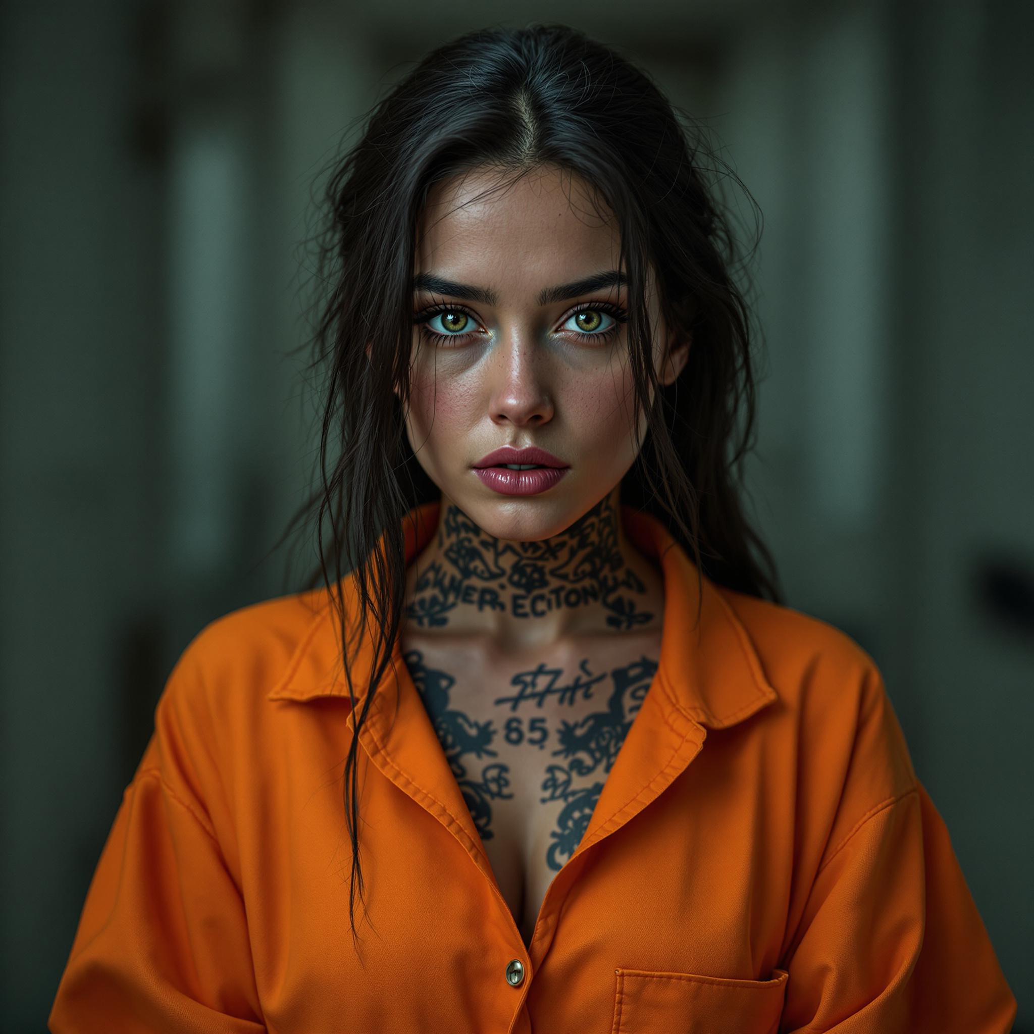 FLUX prompt: female prisoner, prison, orange suit, cell,