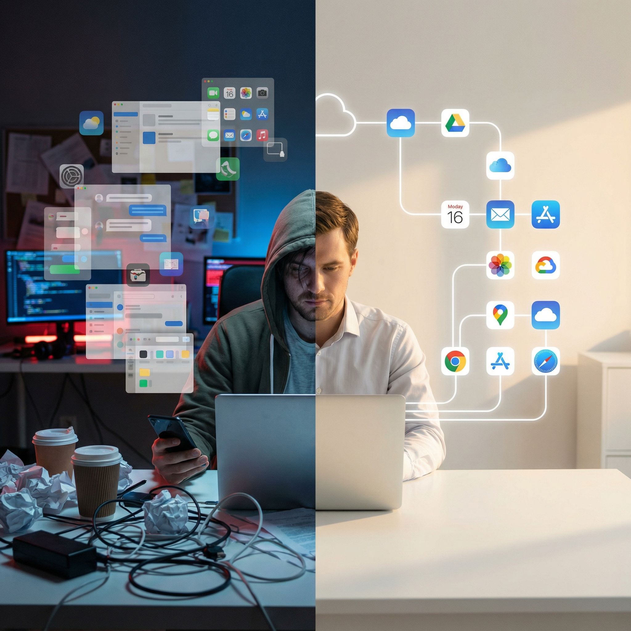 Nano Banana prompt: Split-screen image, left side dark ch...