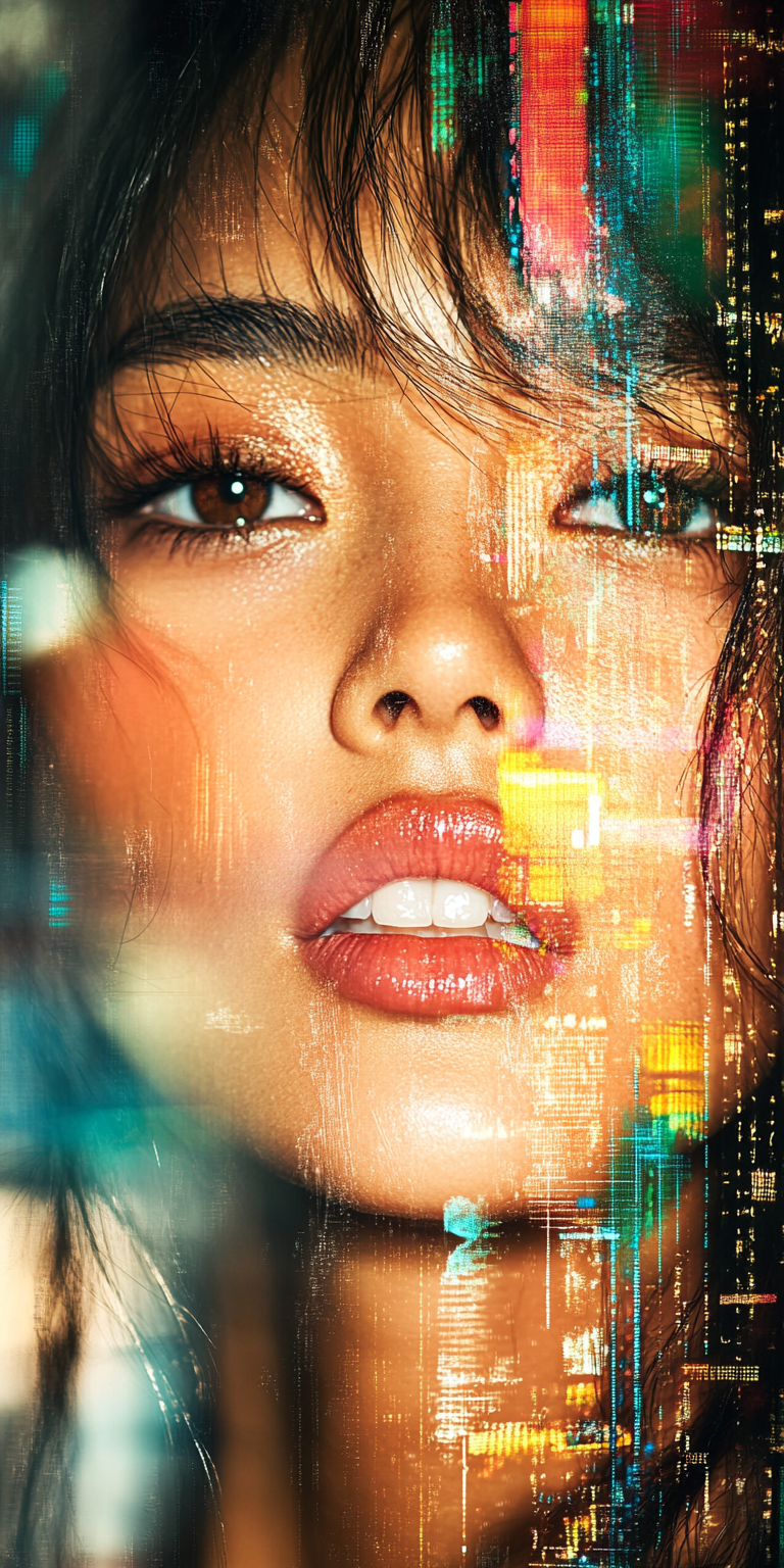 Midjourney prompt: A young Asian woman's face is covered ...