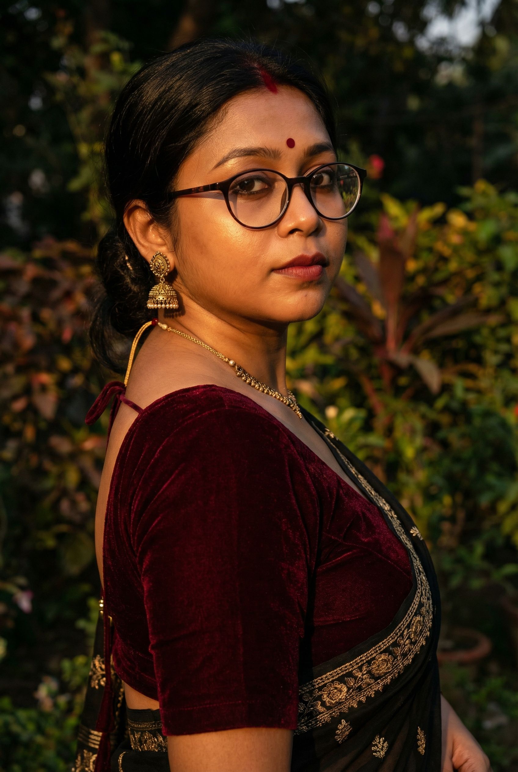 Nano Banana prompt: wearing a deep maroon velvet blouse a...