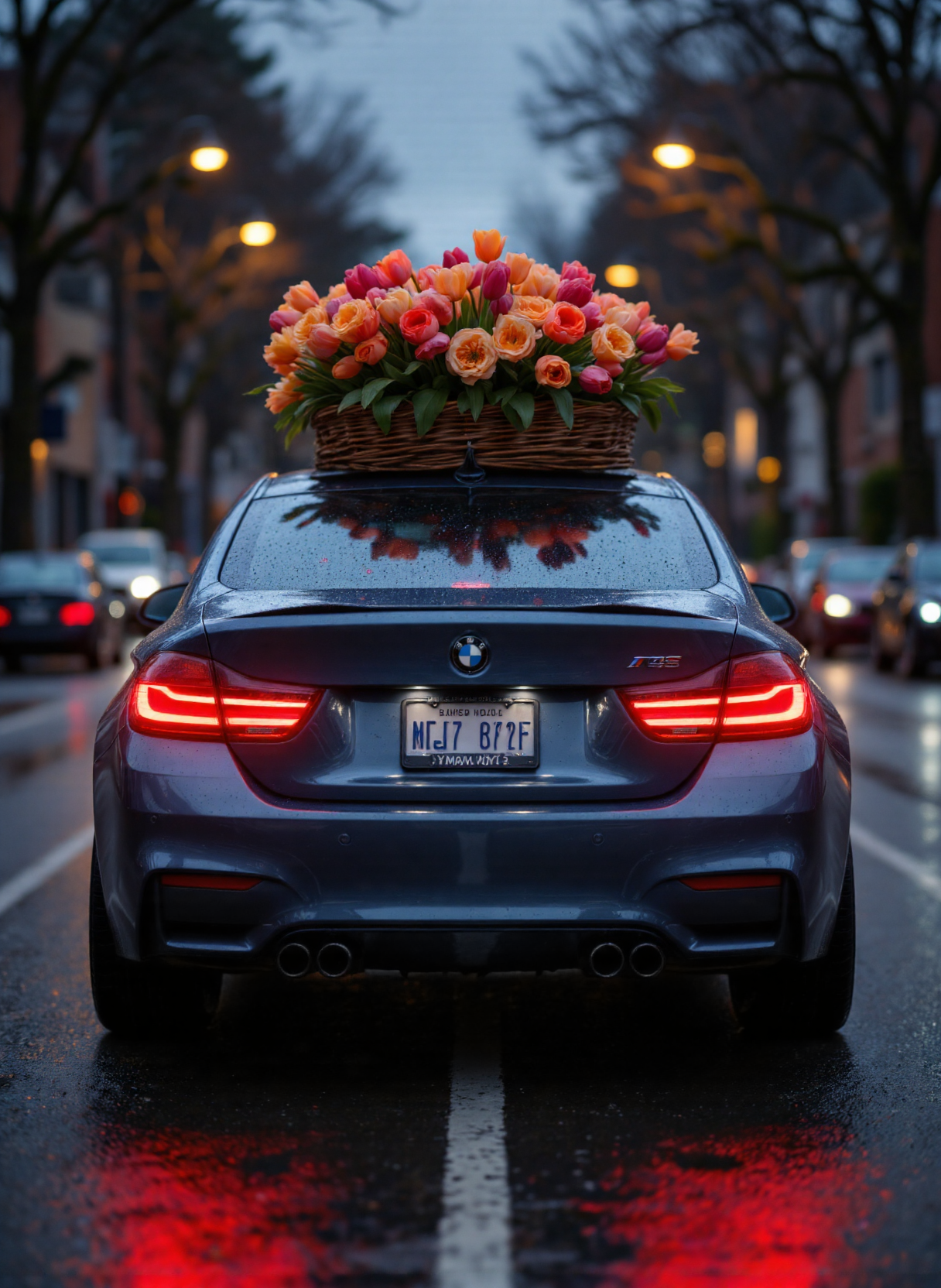 FLUX prompt: The image depicts a car driving on a wet roa...