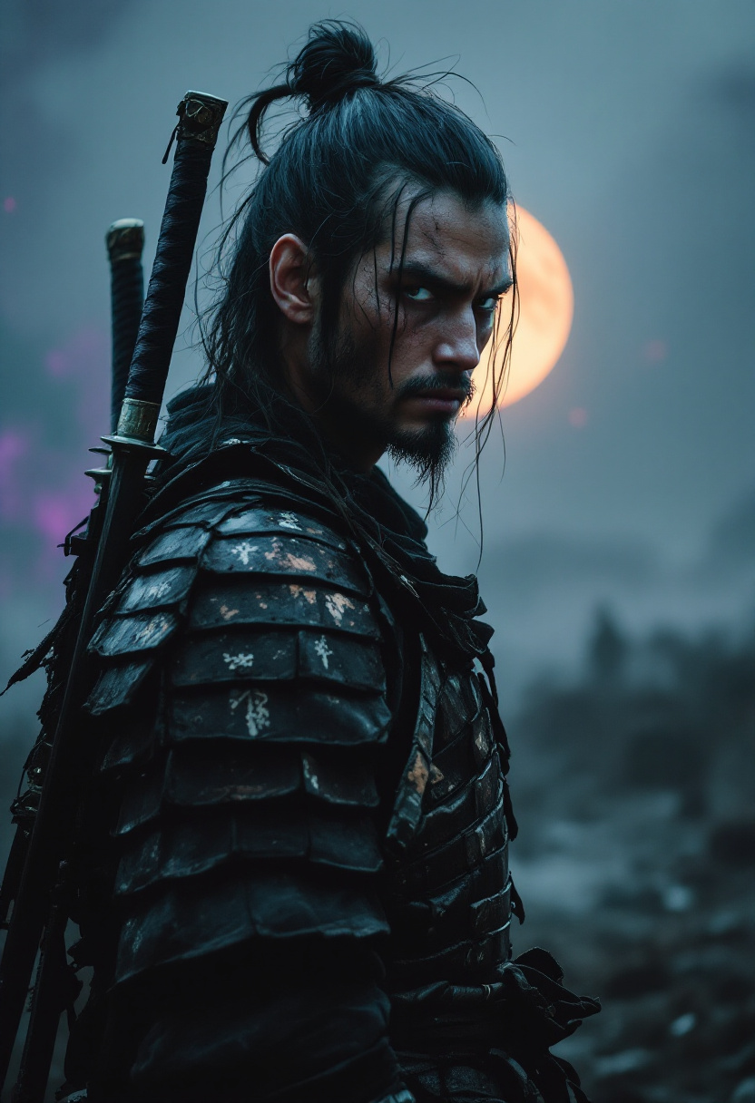 FLUX prompt: a humble weathered samurai standing in the a...