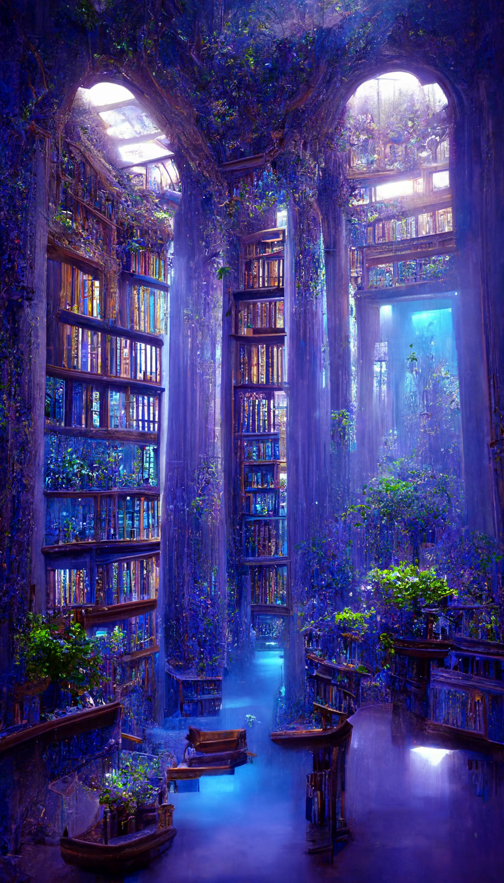 Midjourney prompt: library interior, a photorealistic mag...