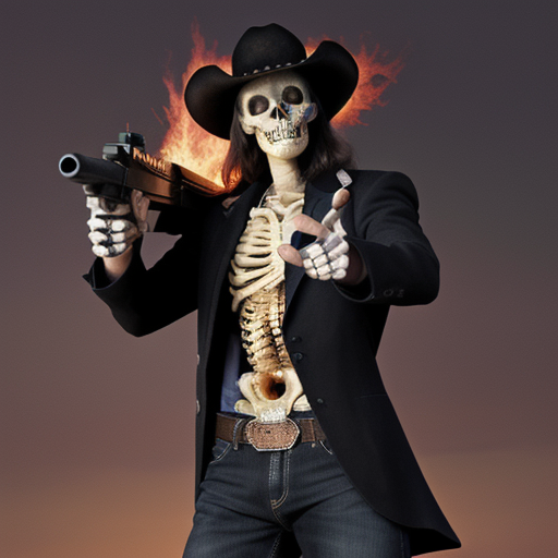 majicMIX realistic prompt: A flaming skeleton pointing a ...