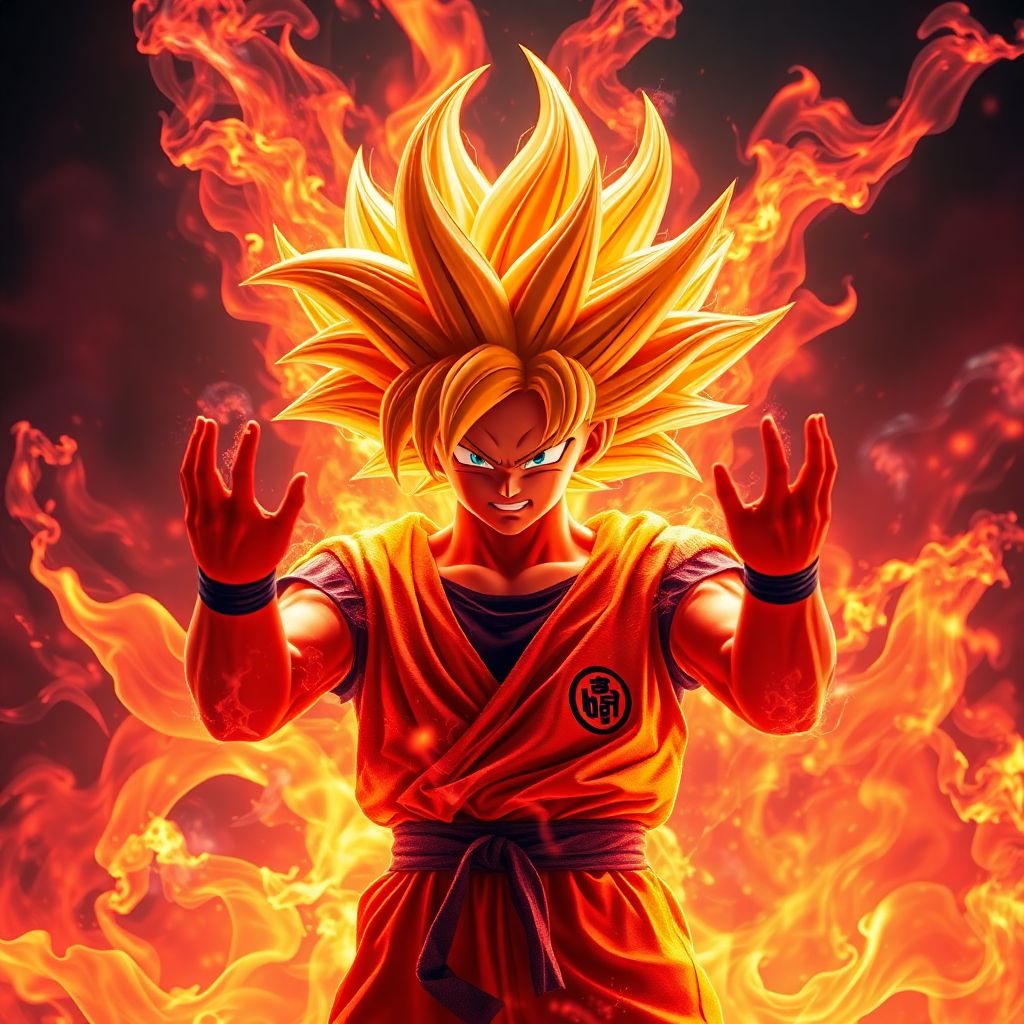 FLUX prompt: Goku from Dragon Ball Z transforms into Supe...