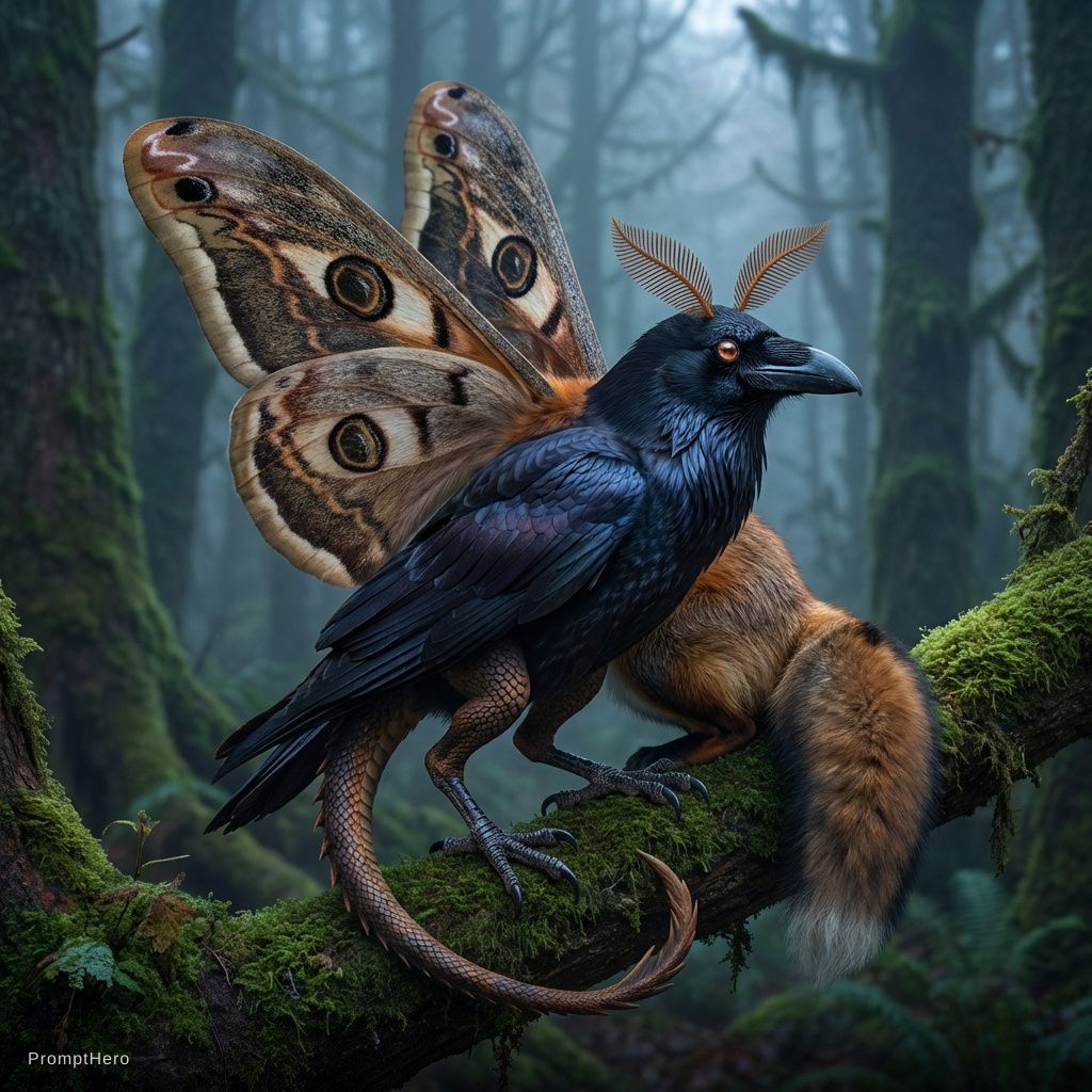 Nano Banana prompt: A moth raven dragon and fox hybrid
