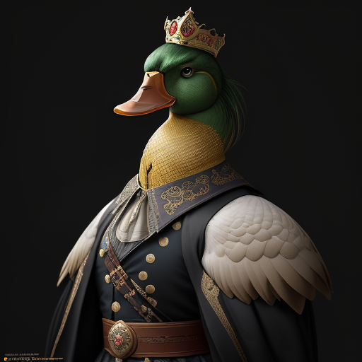 DreamShaper prompt: haughty hiperrrealistic duck emperor,...